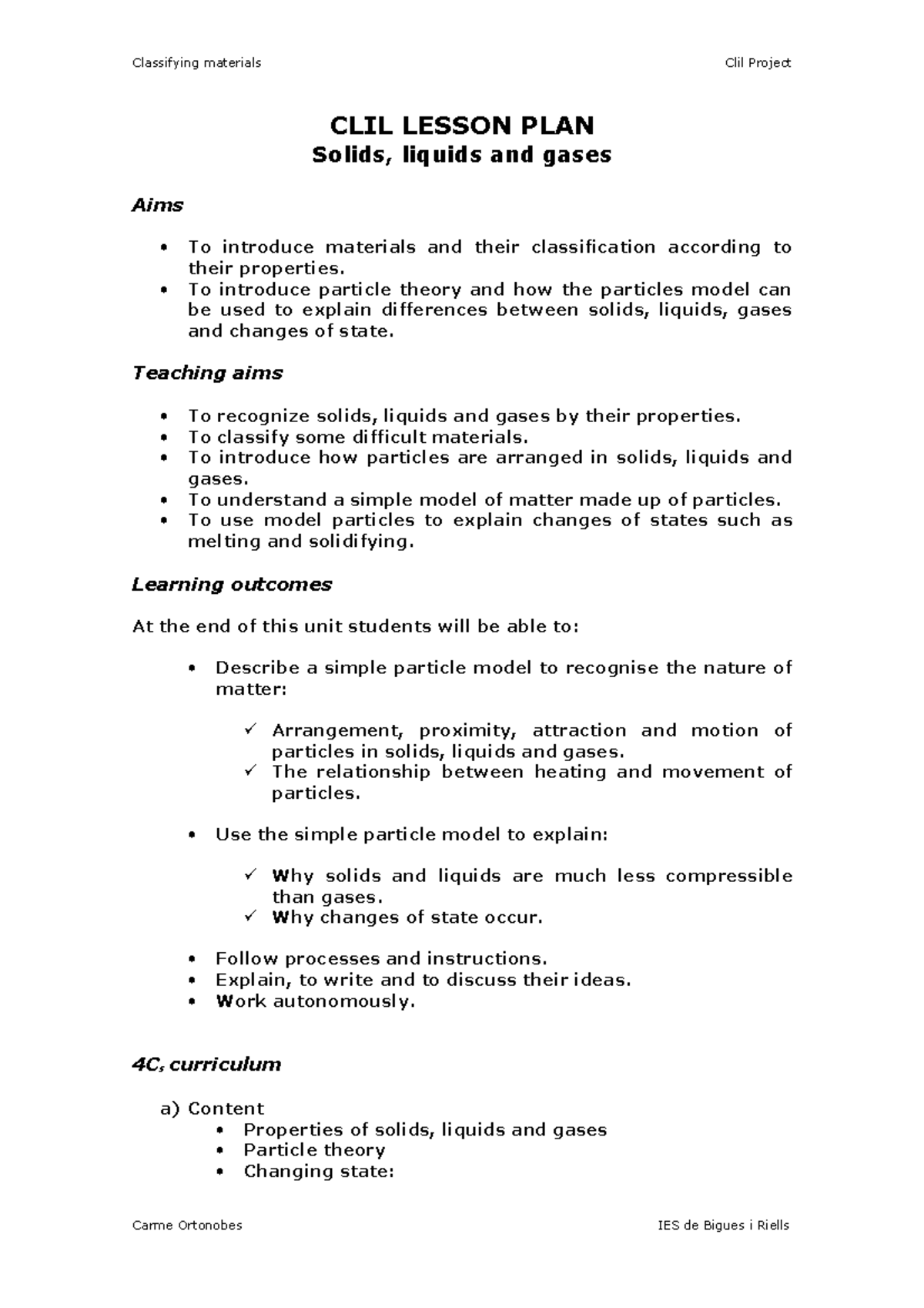 CLIL Lesson plan 2 - Lectura sobre CLIL - Classifying materials Clil Project CLIL LESSON PLAN ...