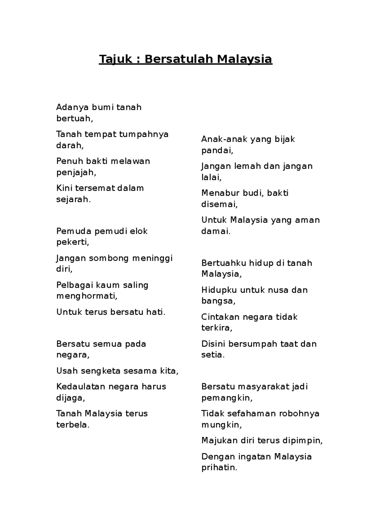 Syair bersatulah malaysia - Tajuk : Bersatulah Malaysia Adanya bumi ...