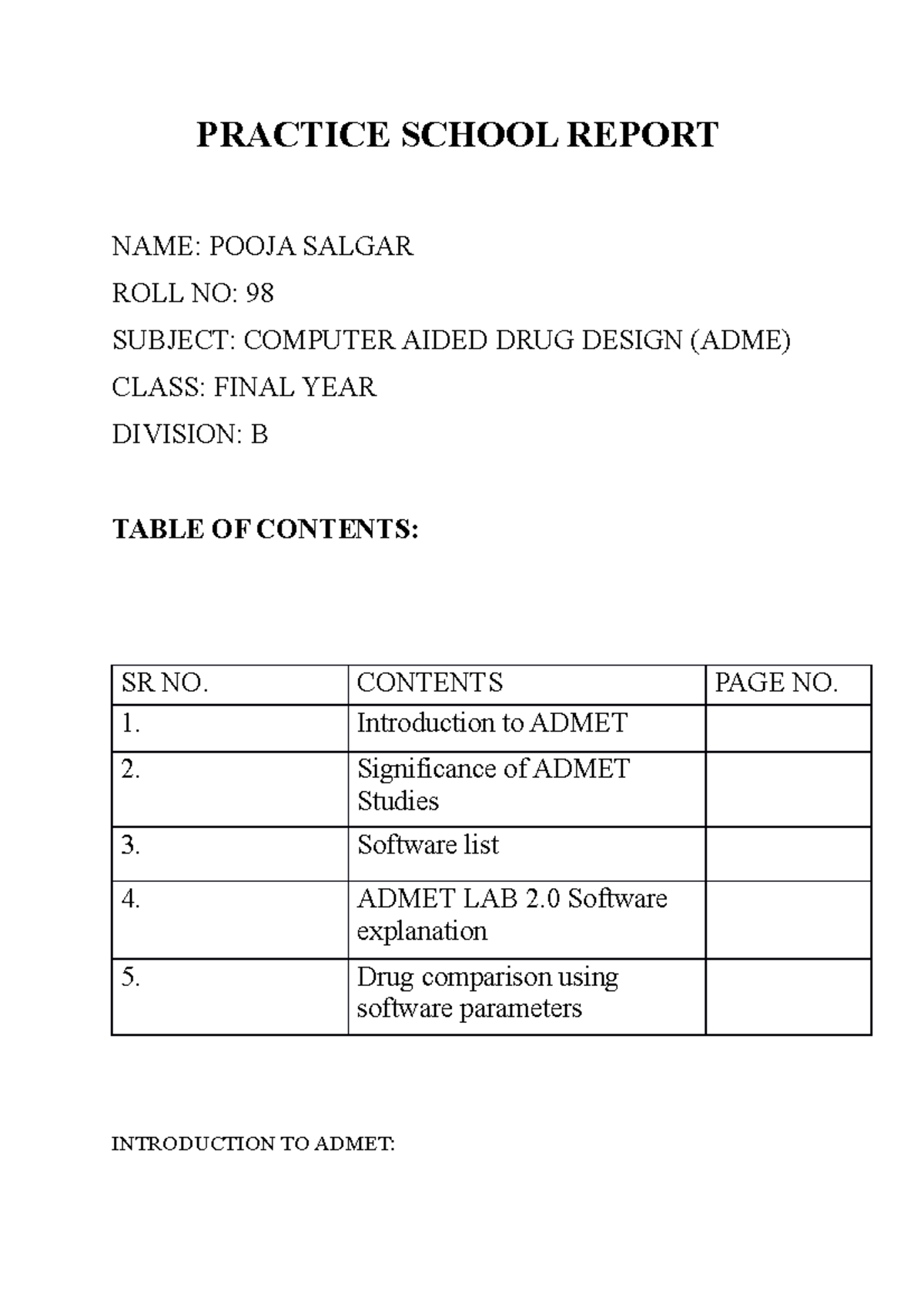 Practice School Report - PRACTICE SCHOOL REPORT NAME: POOJA SALGAR ROLL ...