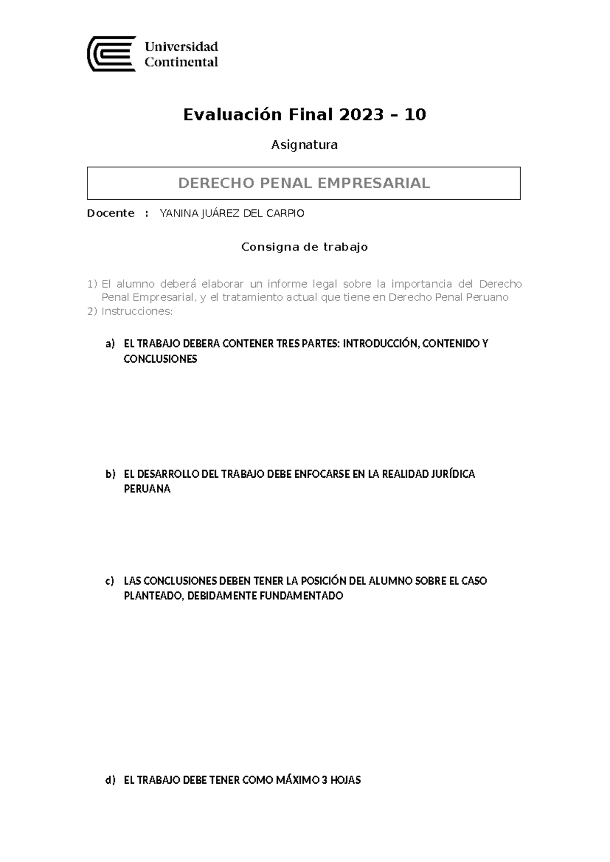 Evaluacion Final Rubrica 2023 - Evaluación Final 2023 – 10 Asignatura Docente : YANINA JUÁREZ ...