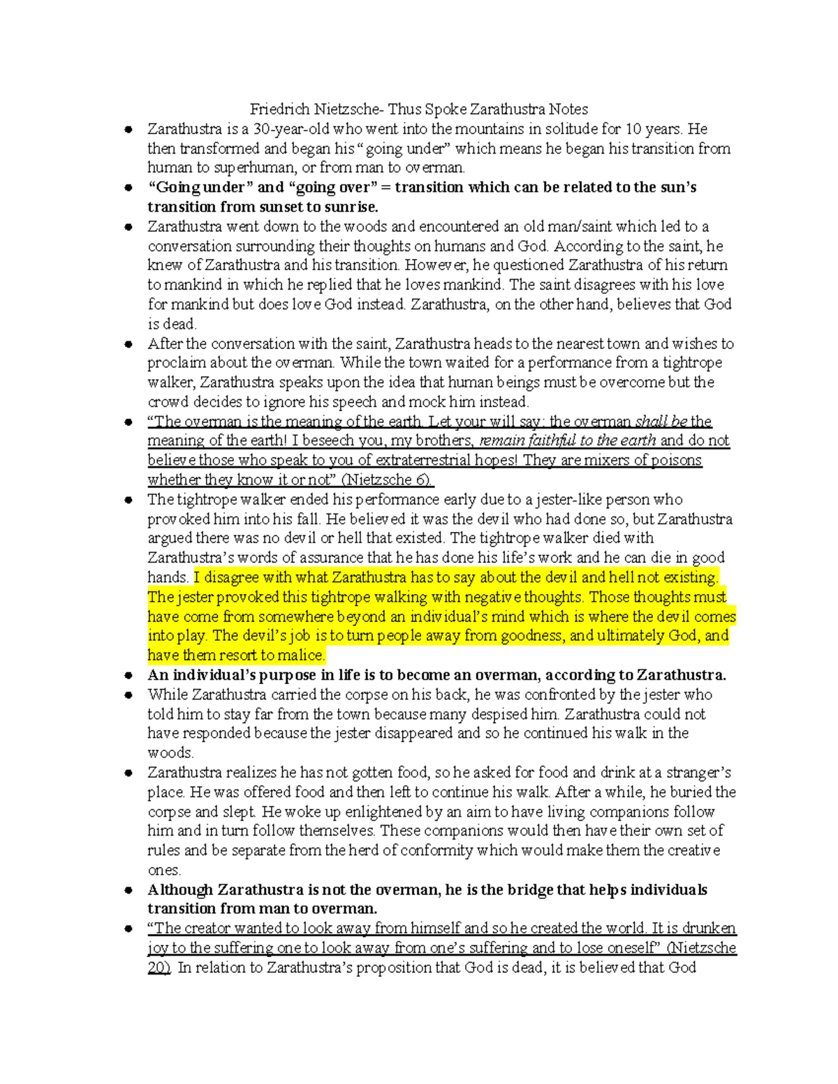 REL 205-01 Nietzsche AND Teilhard Notes - Friedrich Nietzsche- Thus ...