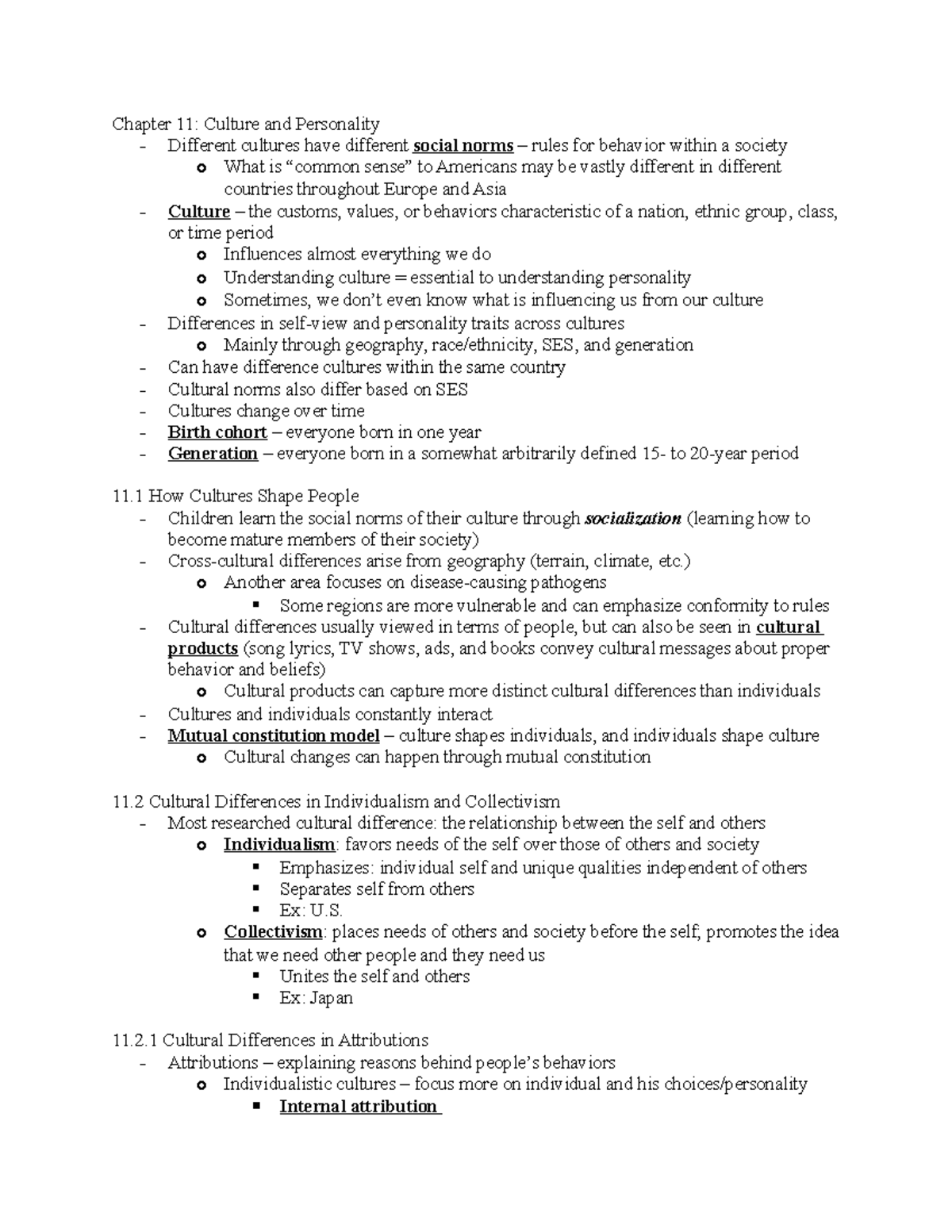 PSY440 Chapter 11 Reading Notes - Chapter 11: Culture and Personality ...