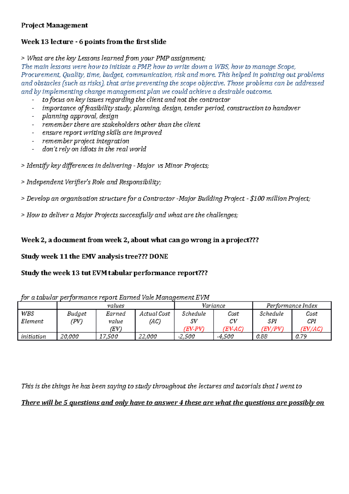 Exam revision notes 2 - Project Management Week 13 lecture - 6 points ...