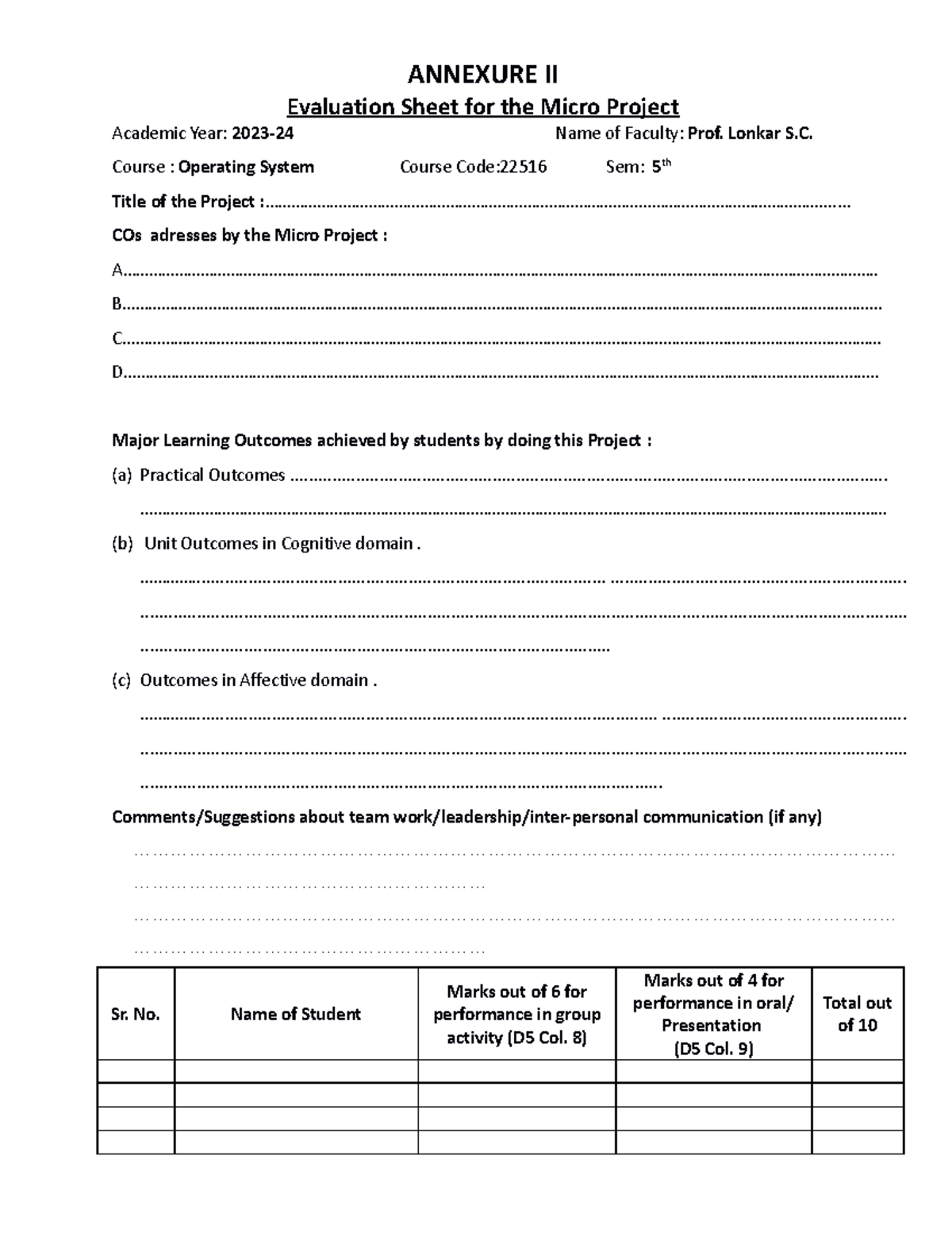 Annexure Page OSY - vhjcbvfjkl - ANNEXURE II Evaluation Sheet for the ...