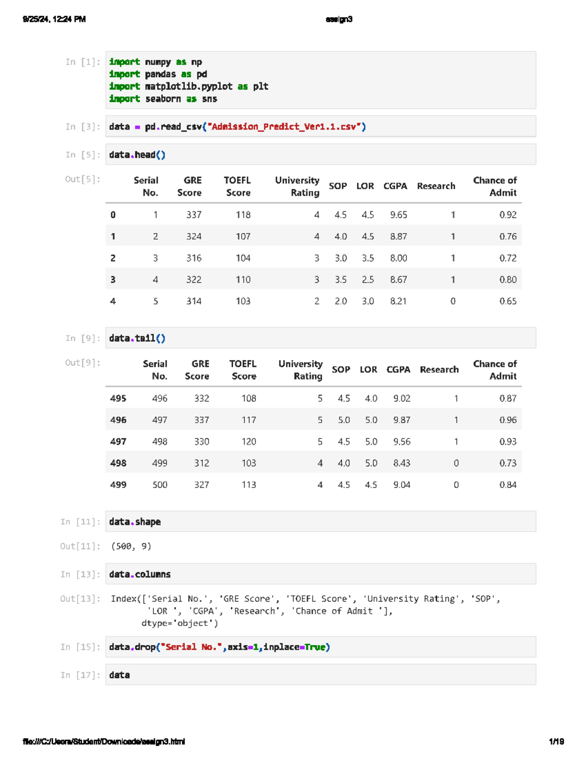 C ML3 - It is a ML practical - 12:24 PM assign3 In : import numpy as np import pandas as pd ...