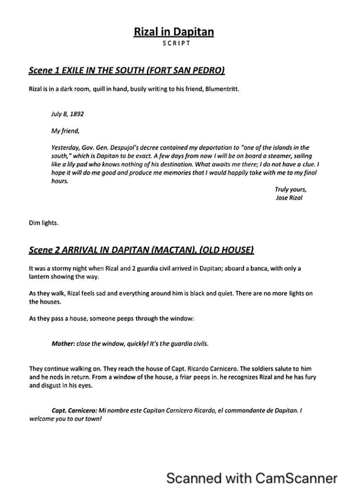Script - Group - Rizal in Dapitan SCRIPT Scene 1 EXILE IN THE SOUTH (FORT SAN PEDRO) Rizal is in ...