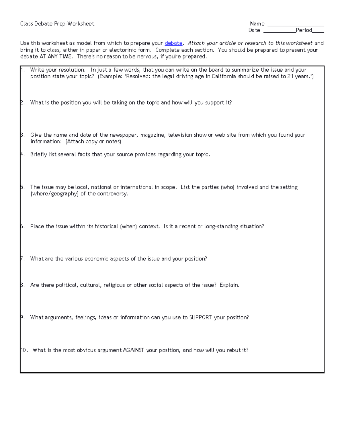 Debate Analysis Worksheet Debate Example