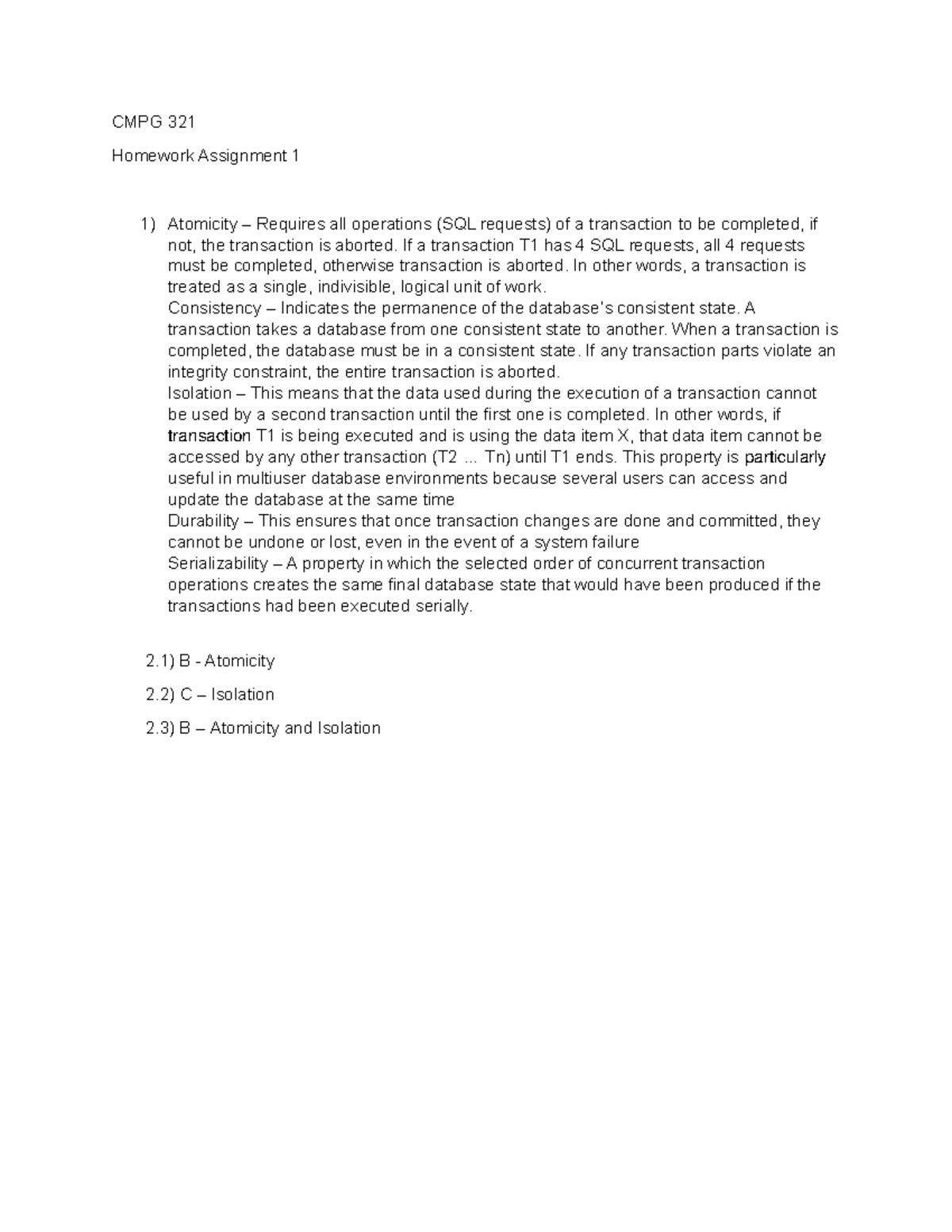 Cmpg321 Homework Assignment 1 If A Transaction T1 Has 4 Sql Requests