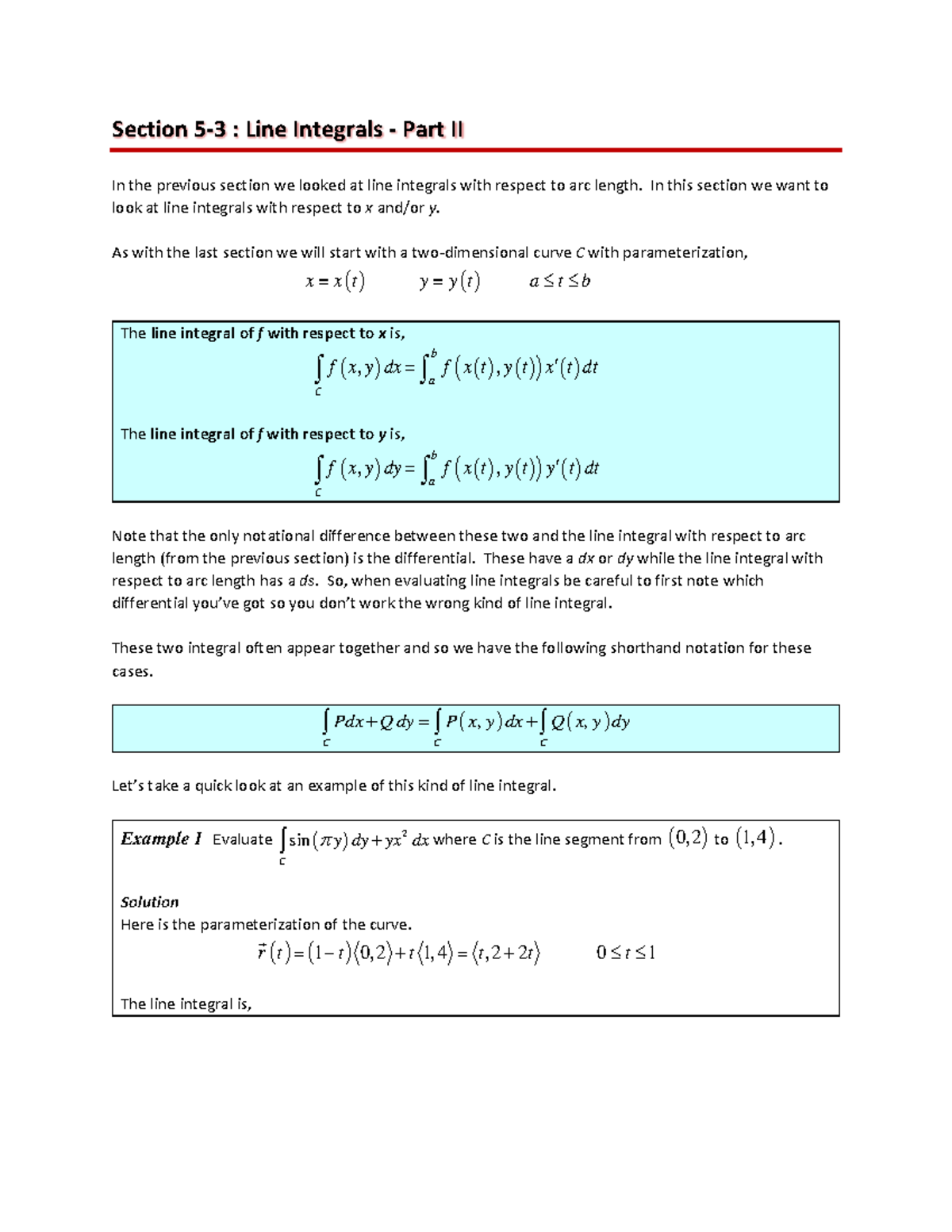 Calc III Line Int Pt II - Lecture Notes - Section 5-3 : Line Integrals ...