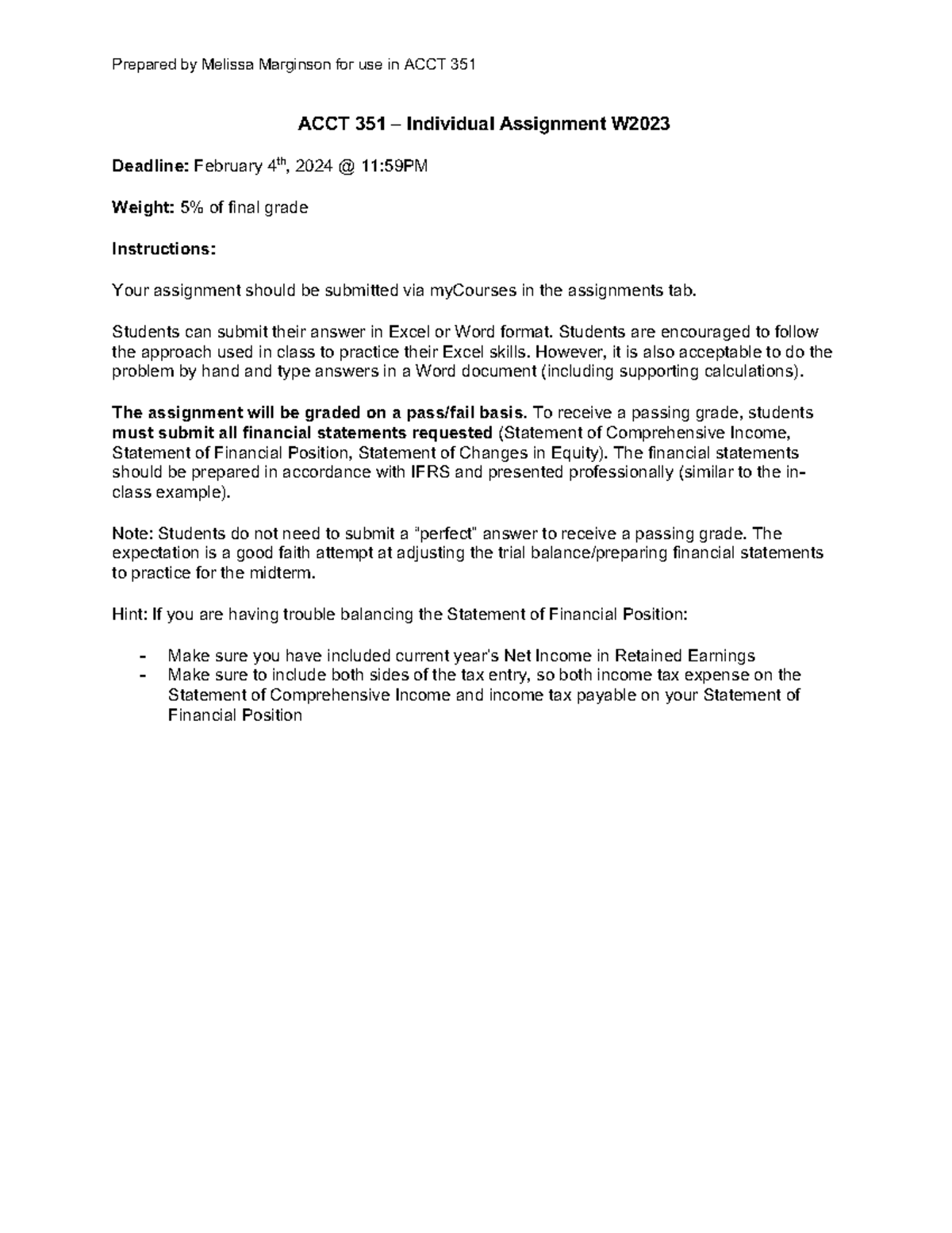 ACCT 351 - Individual Assignment W2024 - Prepared by Melissa Marginson ...