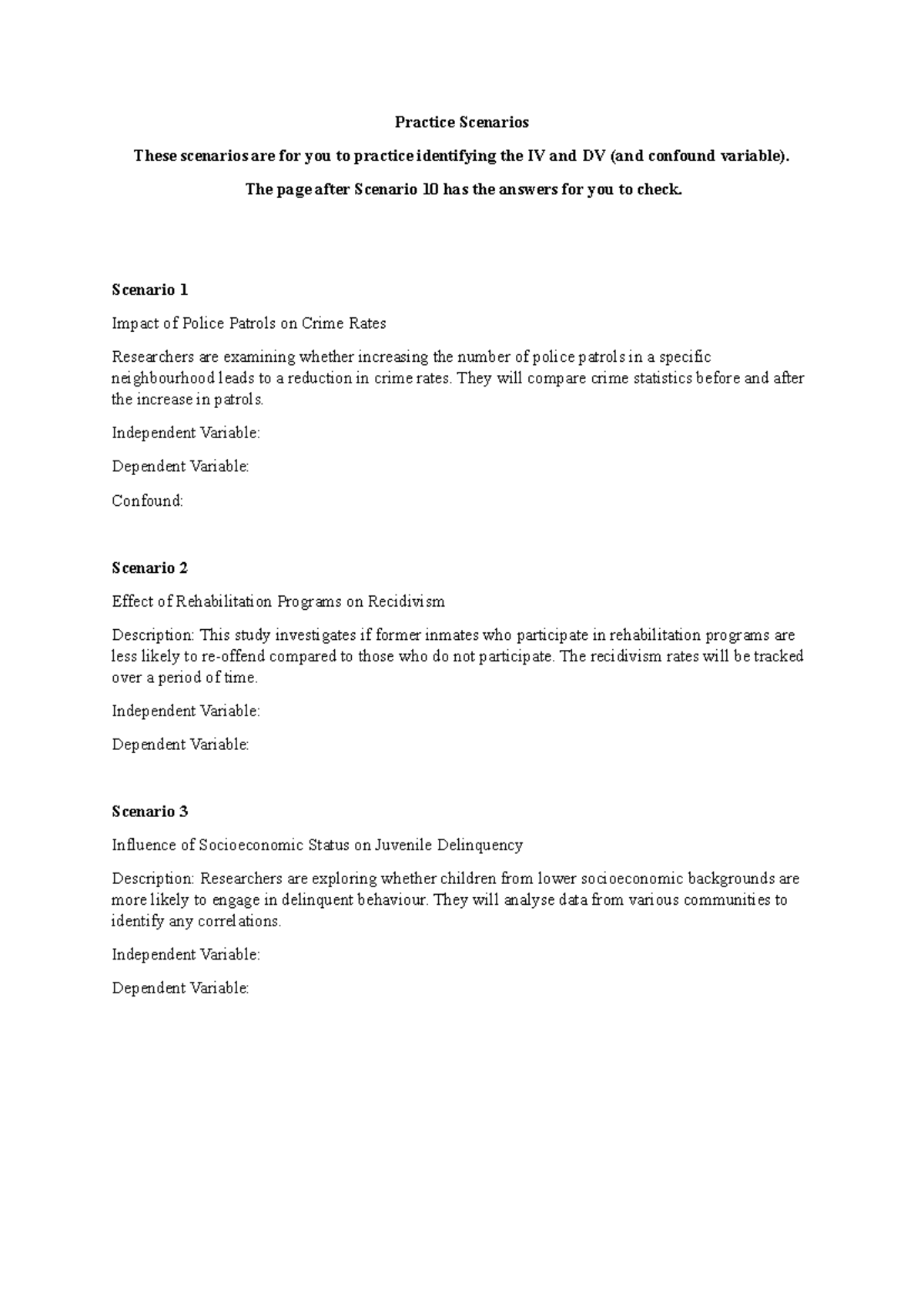 Identifying IV and DV - IV and DV practice - Practice Scenarios These ...