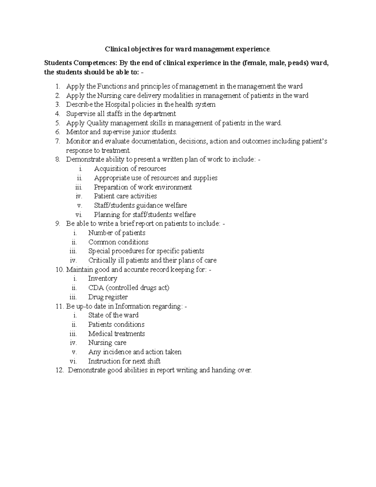 Objectives of ward management 2 - Clinical objectives for ward ...