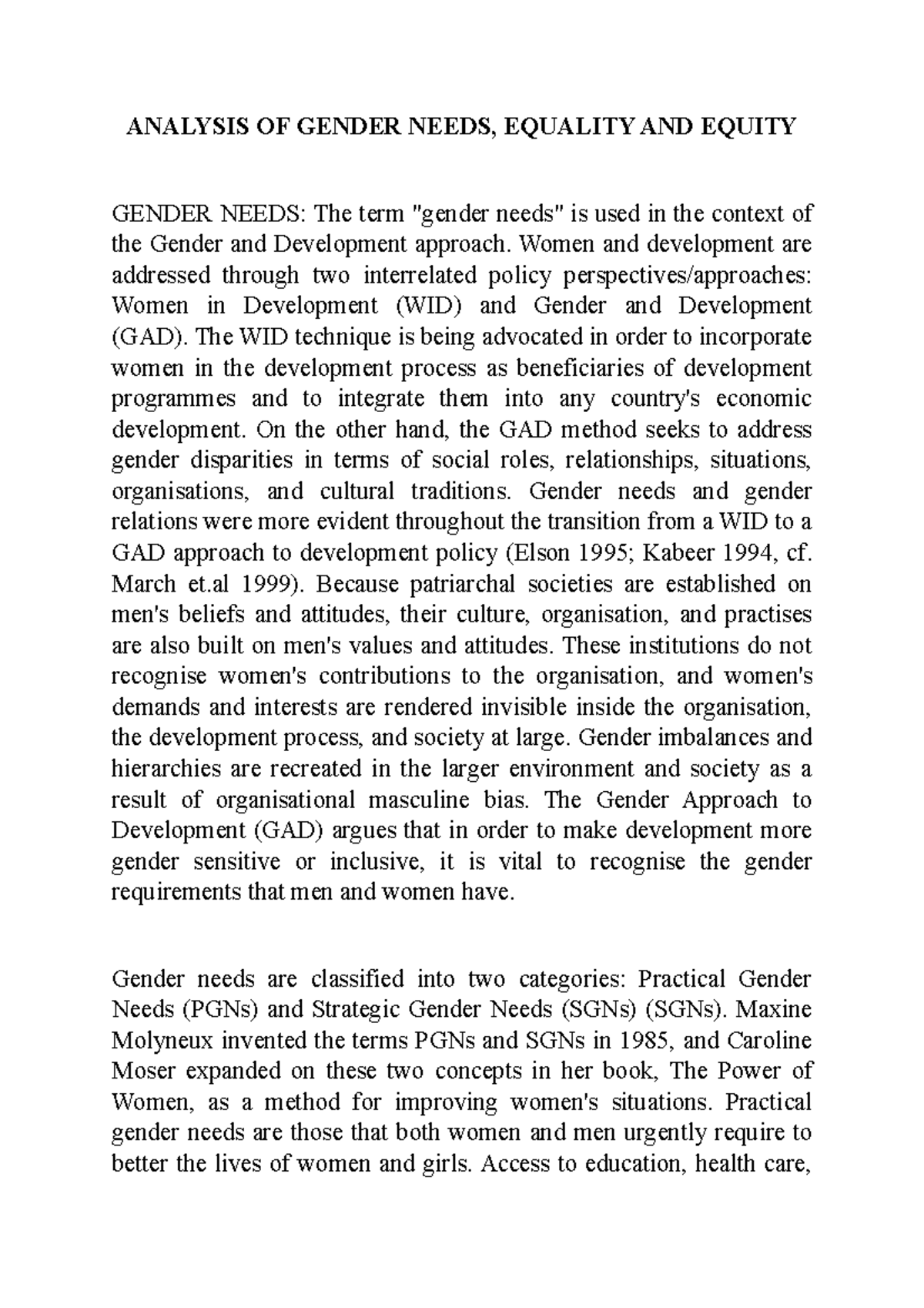 Analysis OF Gender Needs, Equality AND Equity - ANALYSIS OF GENDER ...