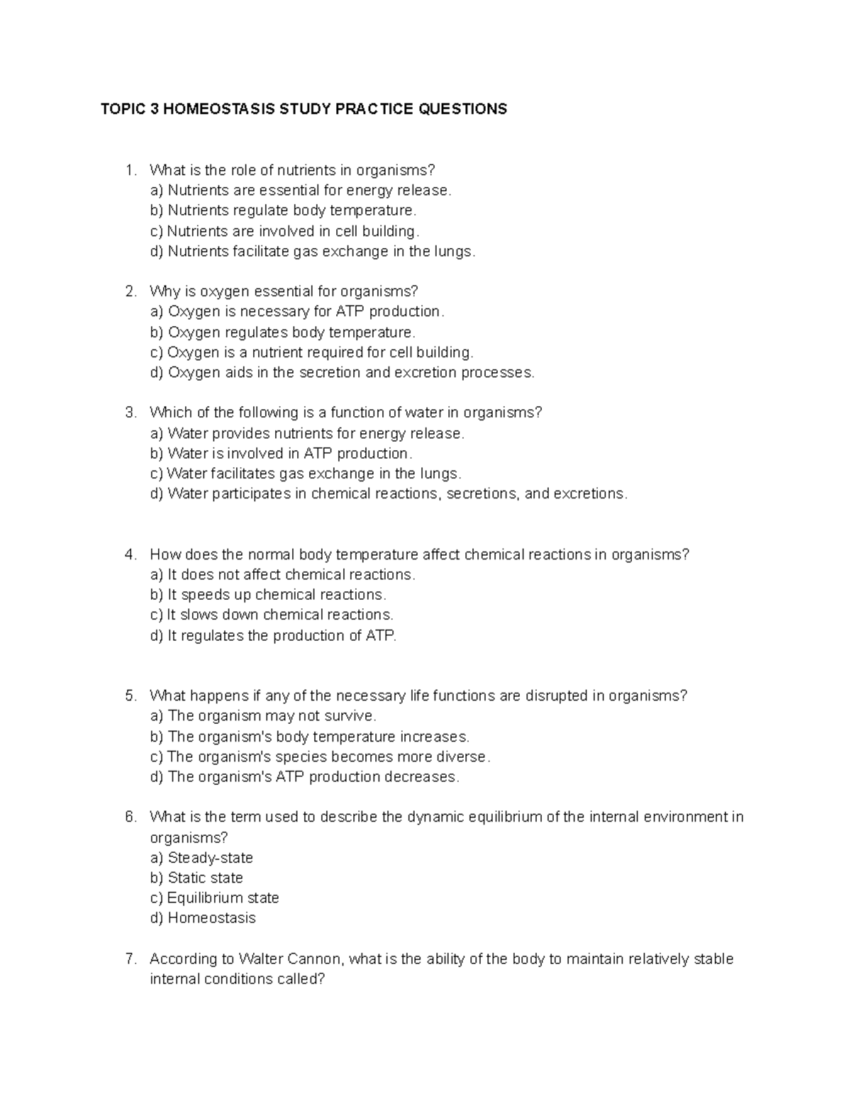 Topic 3 Homeostasis Study Practice Questions - TOPIC 3 HOMEOSTASIS ...
