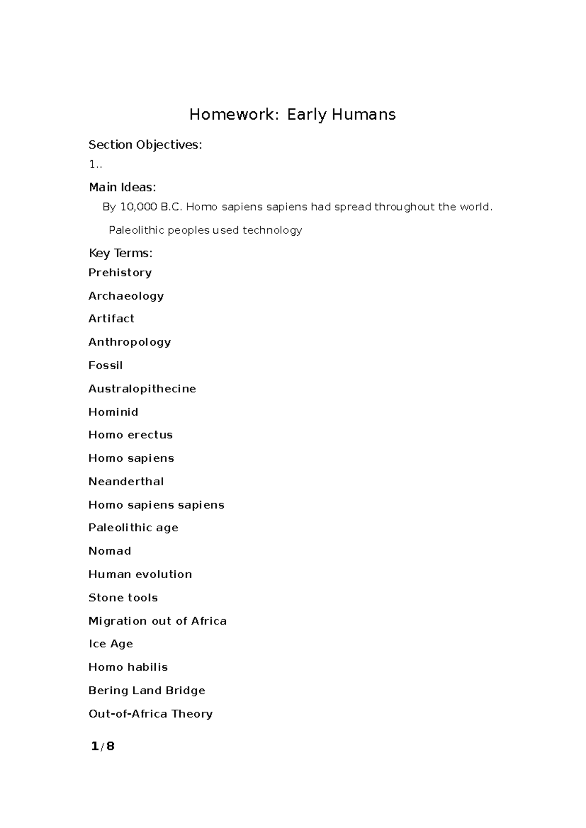 Homework- Early Humans（Answer Keys） - Homework: Early Humans Section ...