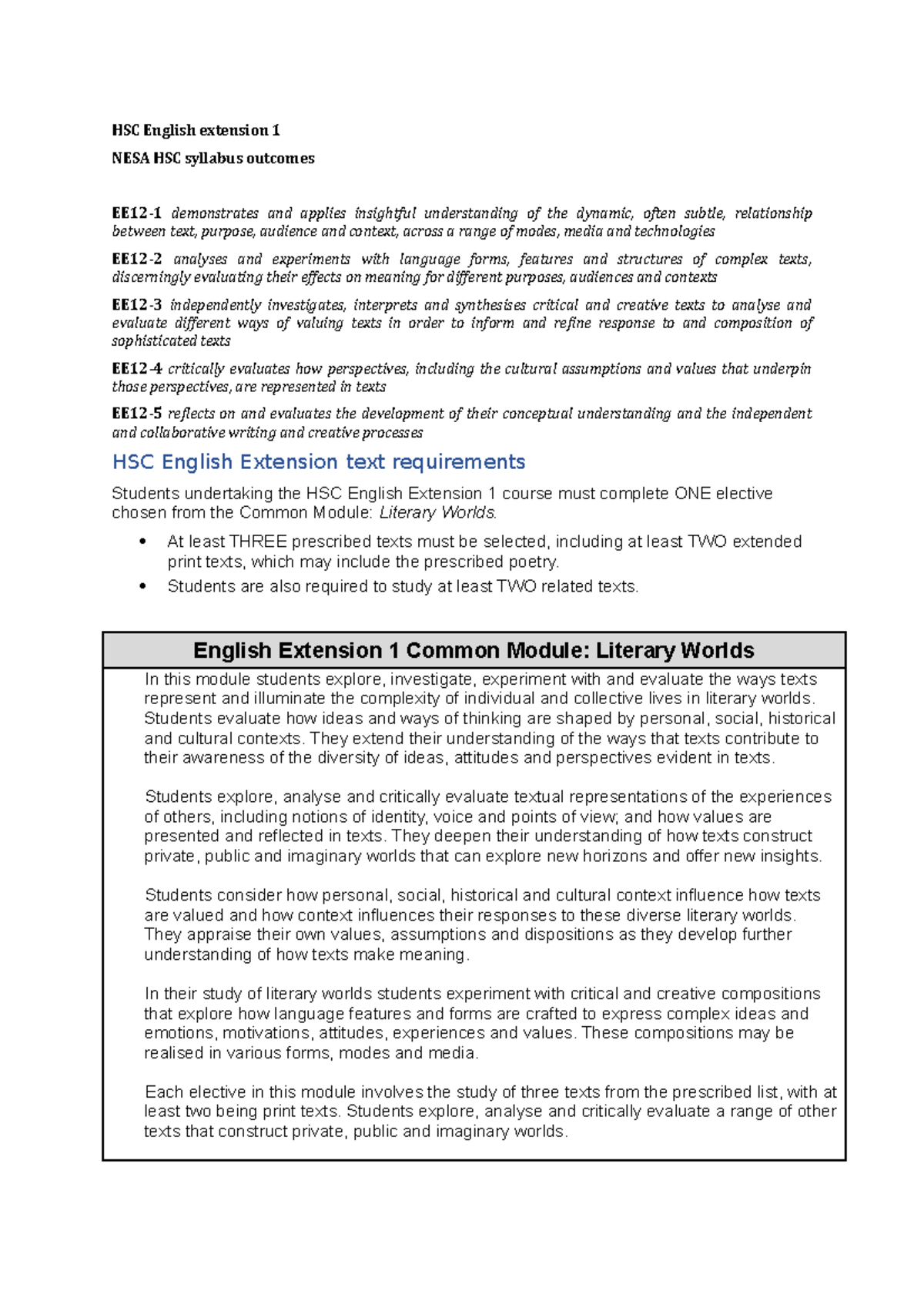 Ext1 Syllabus Outcomes HSC English Extension 1 NESA HSC Syllabus 