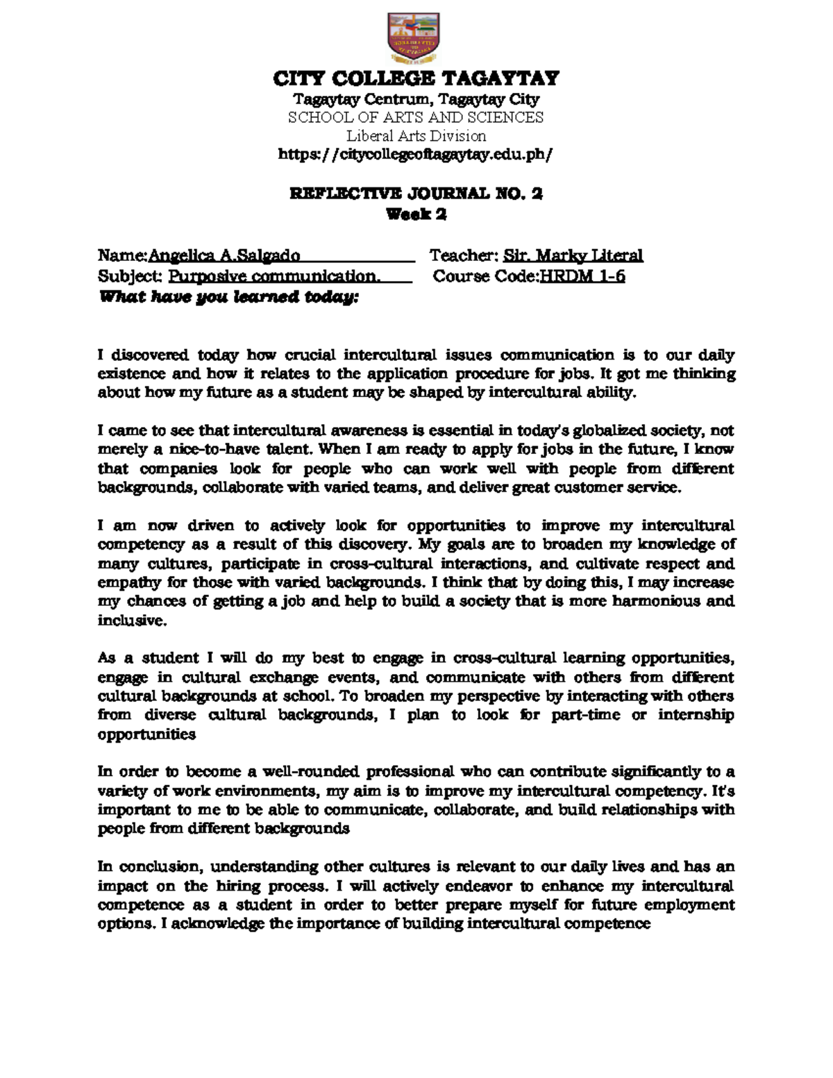 Reflective Journal no. 2 - CITY COLLEGE TAGAYTAY Tagaytay Centrum ...