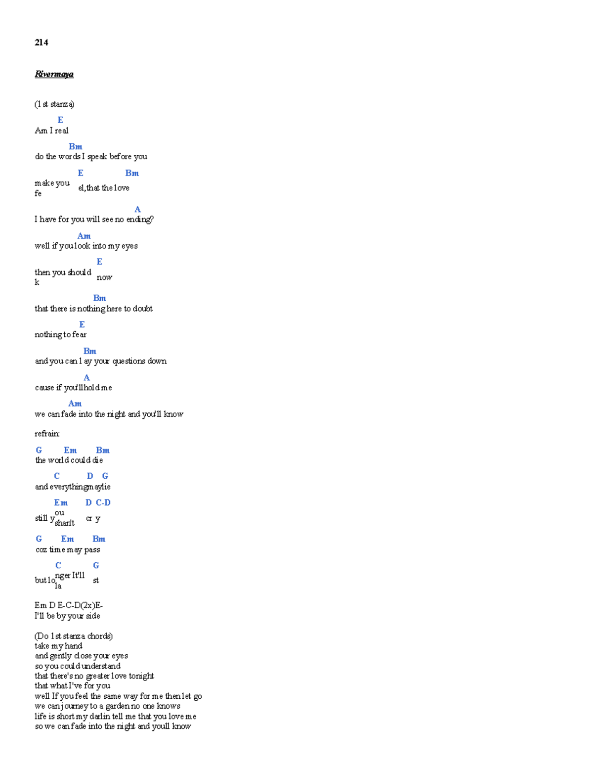 songbook with chords - 214 Rivermaya (1st stanza) E Am I real Bm do the ...