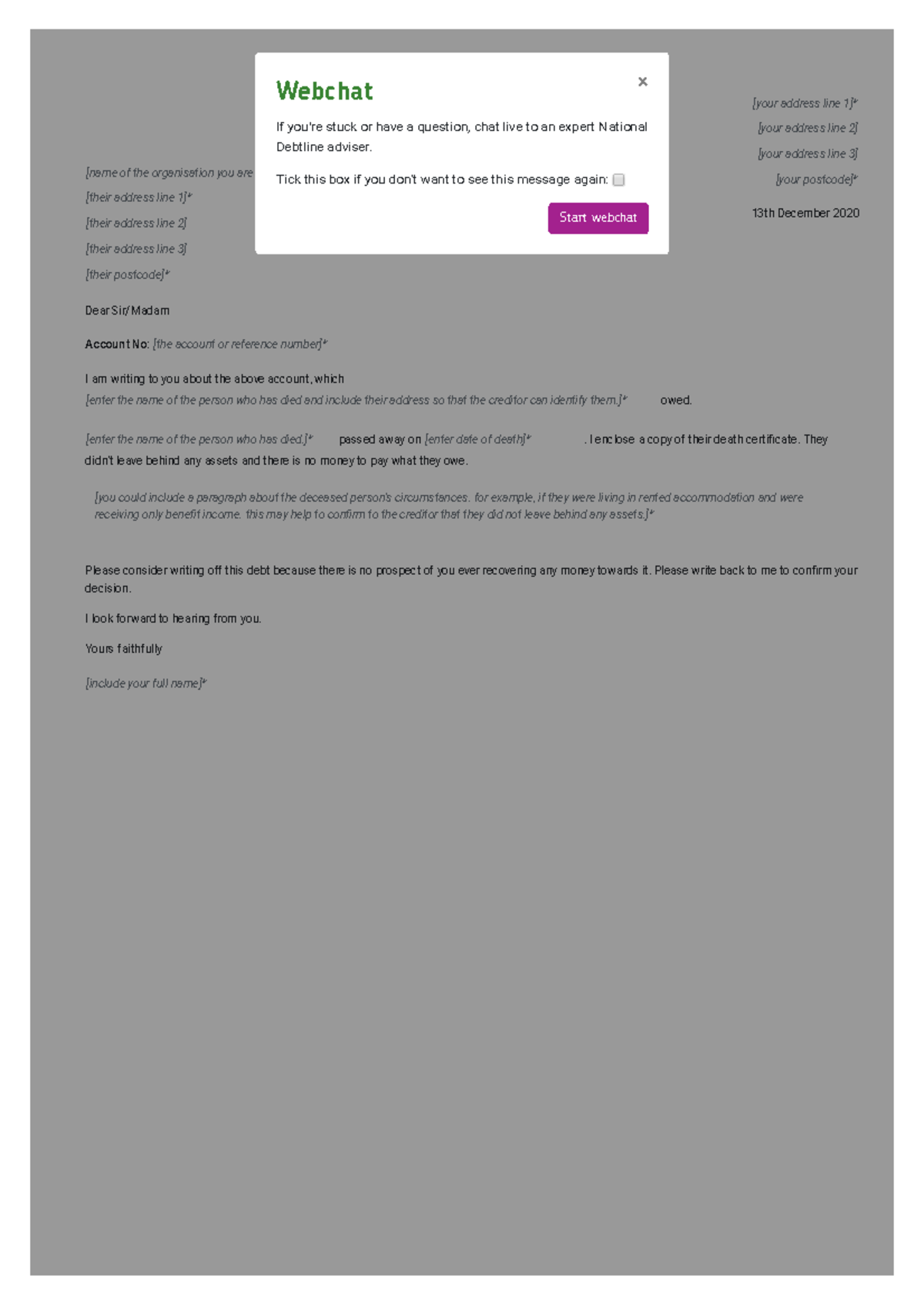 Sample Letter - Write off after death Sample letter National Debtline ...