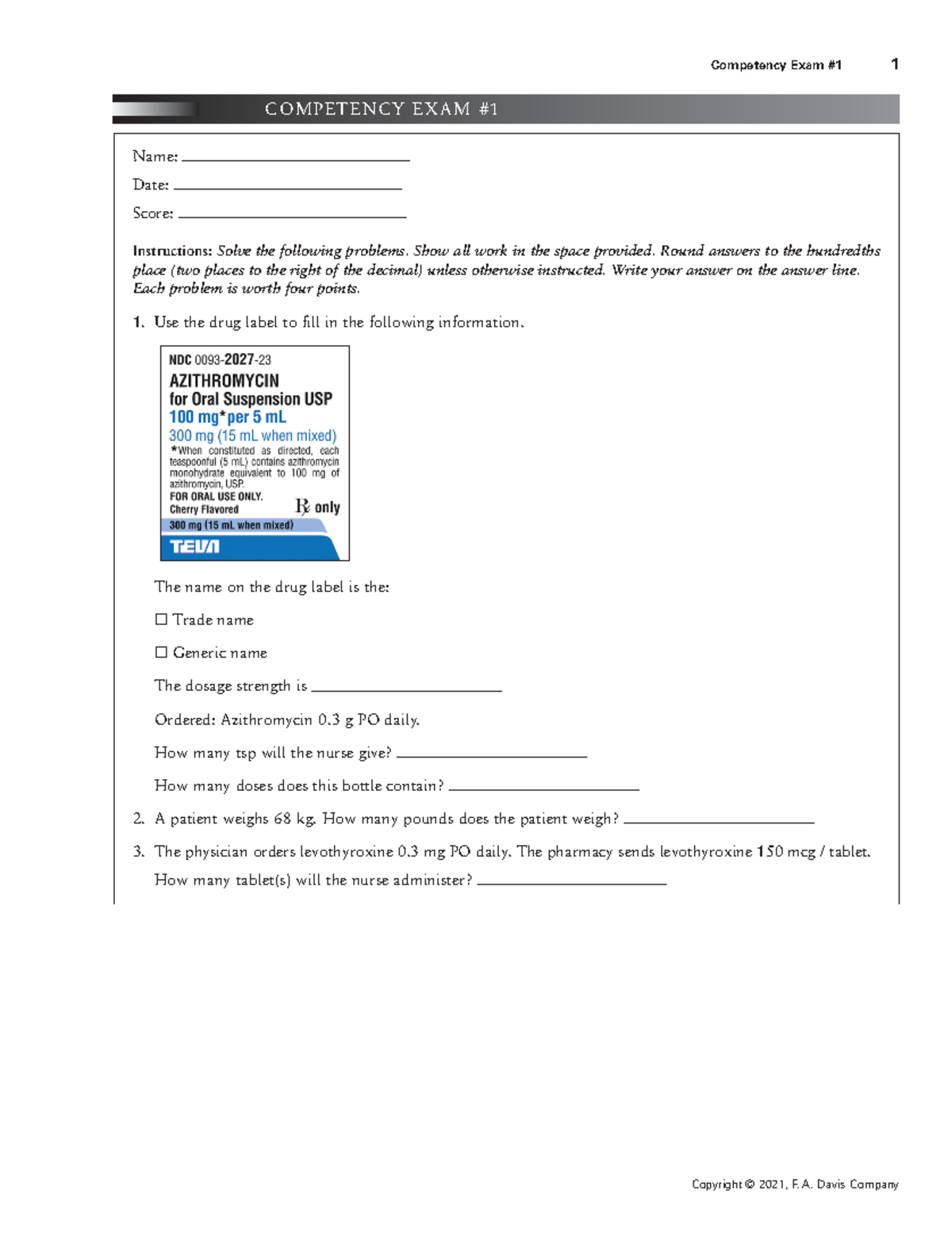 24 Competency Exam1 - Med Math practice exam - Name: Date: Score ...