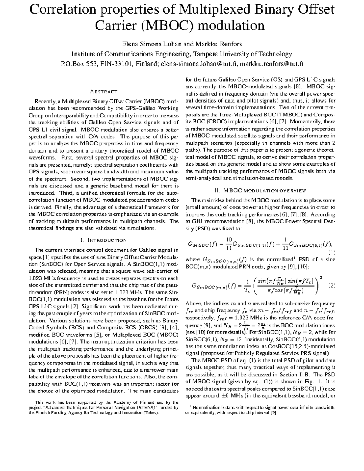 Correlation properties of Multiplexed Binary Offset Carrier (MBOC) Modulation - Correlation ...
