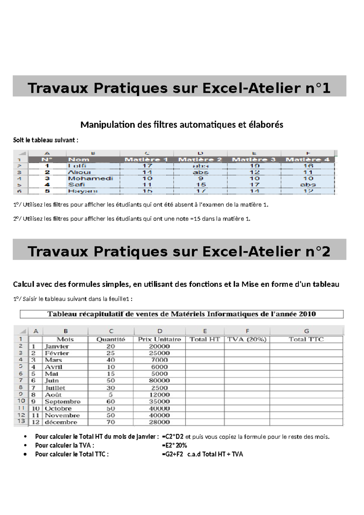 TP excel final - Travaux Pratiques sur Excel-Atelier n° Manipulation des filtres automatiques et ...