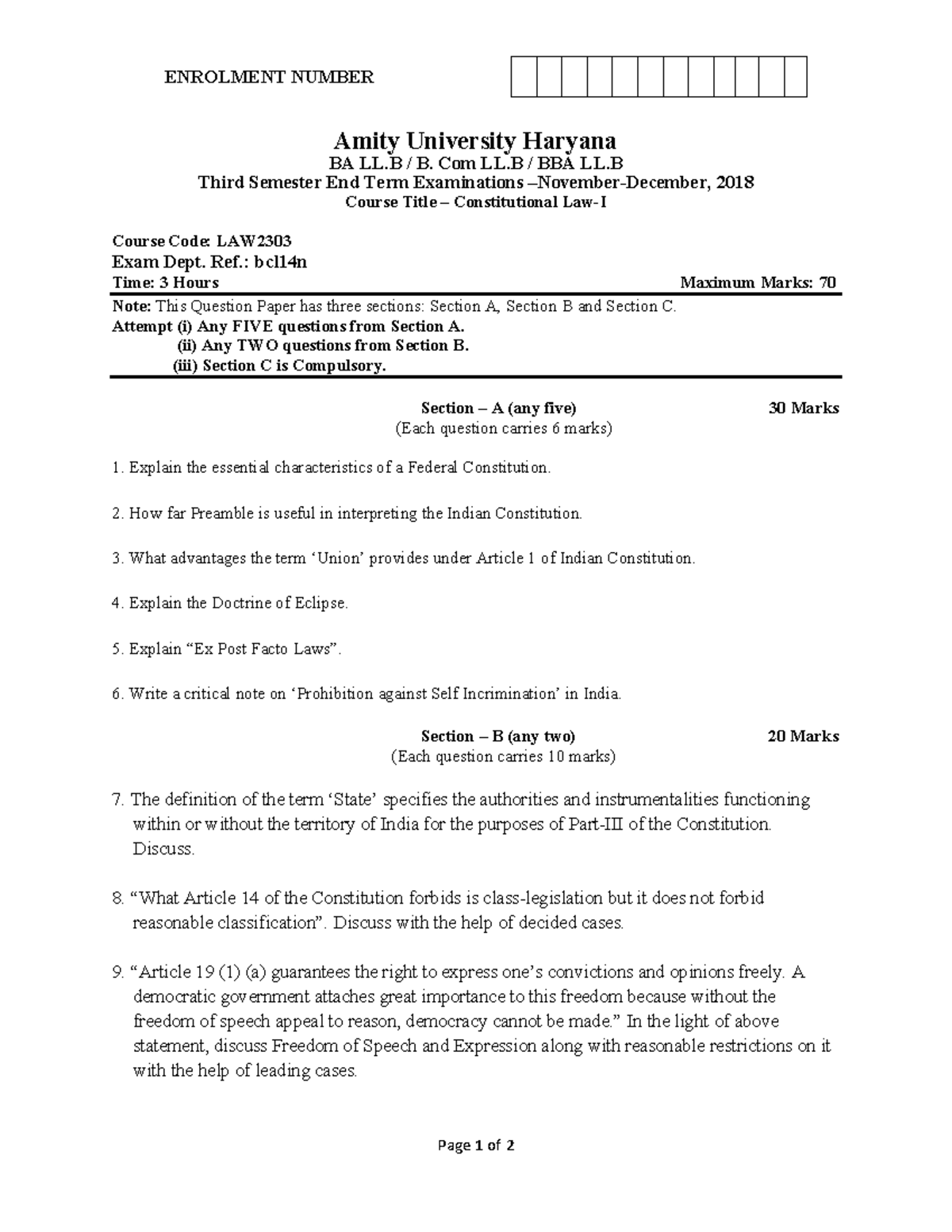 BA BBA B Com(LLB)-III Constitutional Law-I Question paper - Page 1 of 2 ENROLMENT NUMBER Amity ...