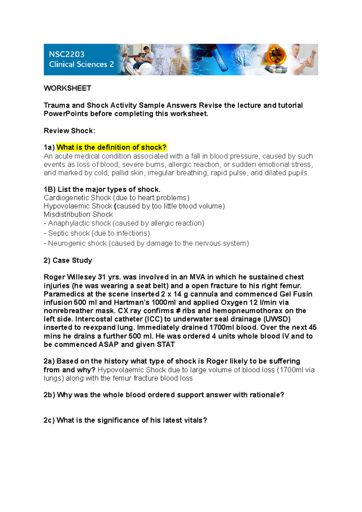 Week 3 Trauma & Shock - WORKSHEET Trauma and Shock Activity Sample ...