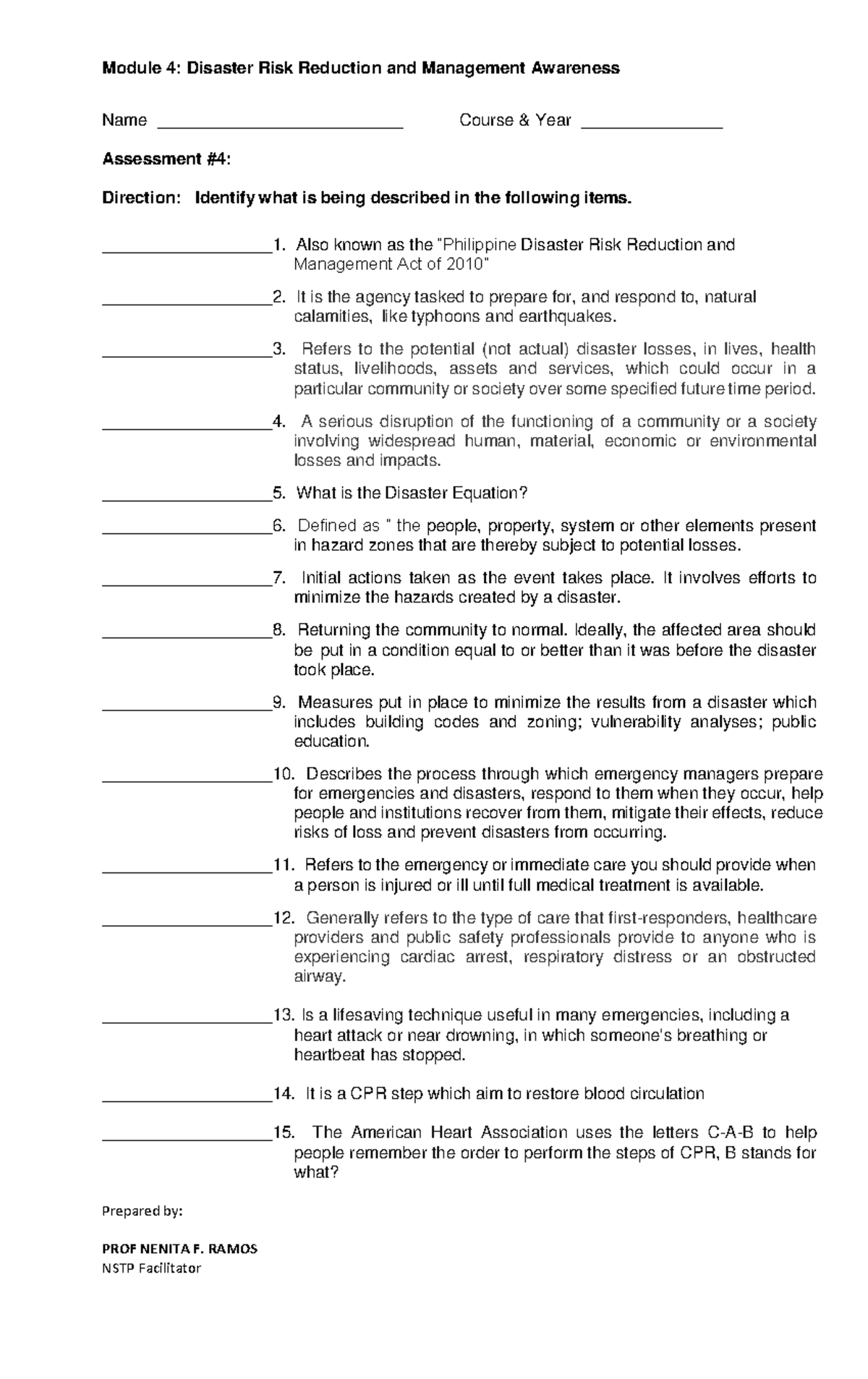 Assessment 4 Disaster Risk Reduction and Management Awareness - Module 4: Disaster Risk ...