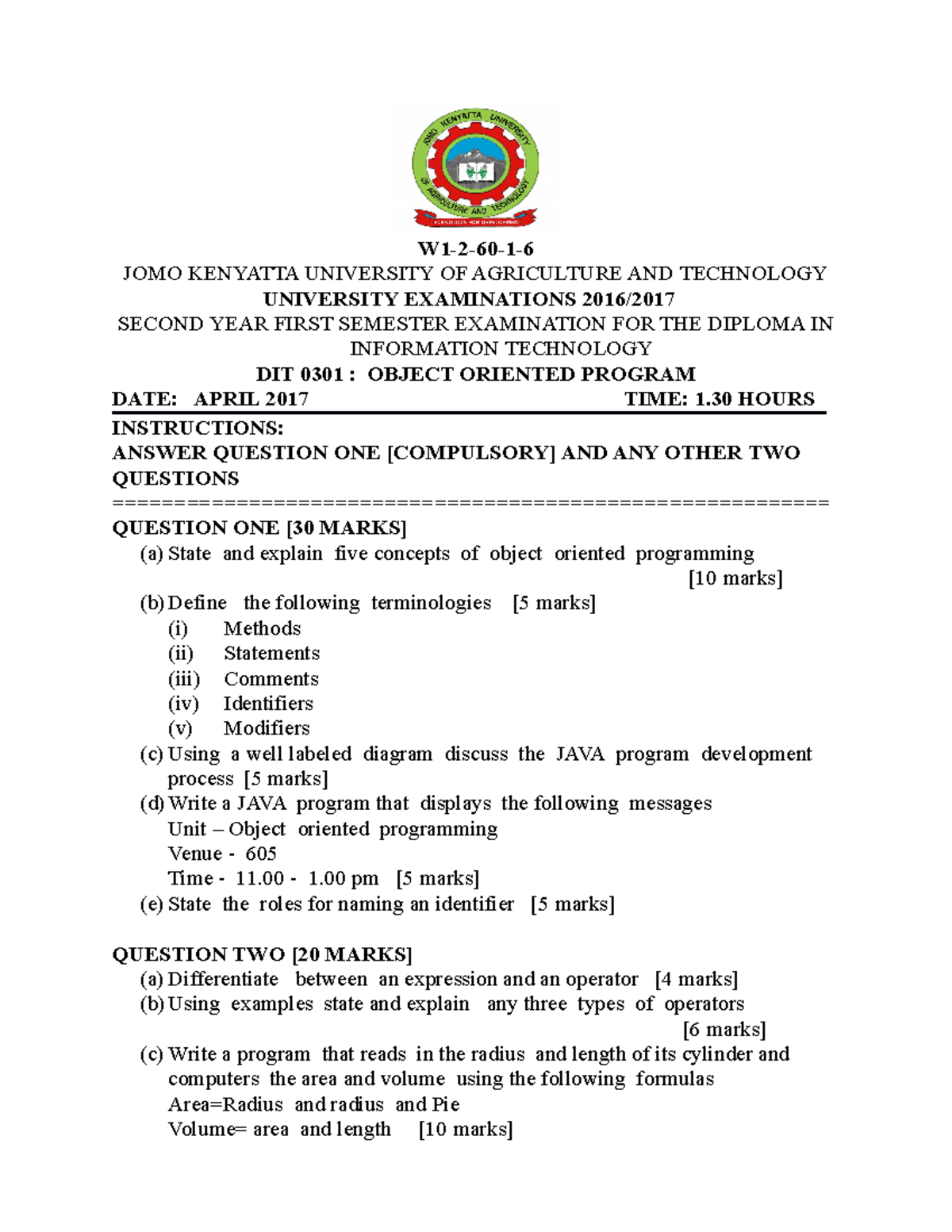 DIT 0301 Object Oriented Program - W1-2-60-1- JOMO KENYATTA UNIVERSITY OF AGRICULTURE AND ...