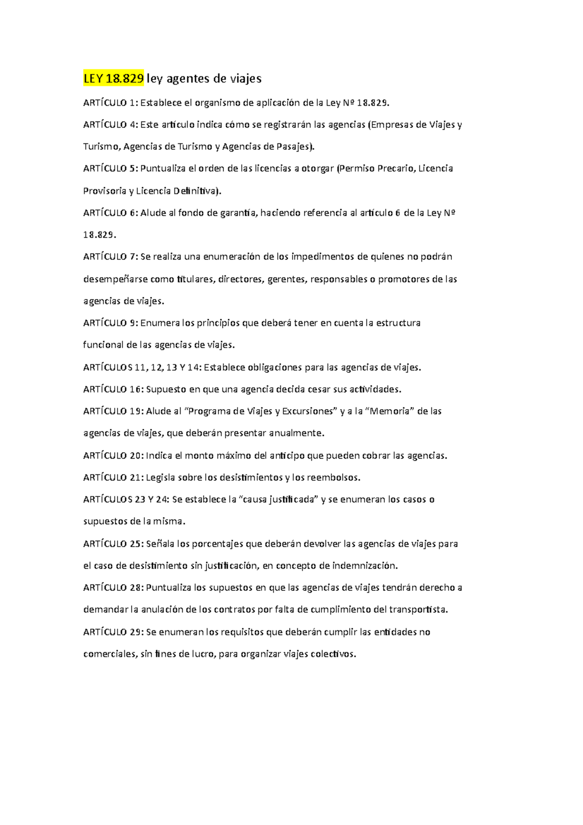 LEY 18 - .............. - LEY 18 ley agentes de viajes ARTÍCULO 1 ...