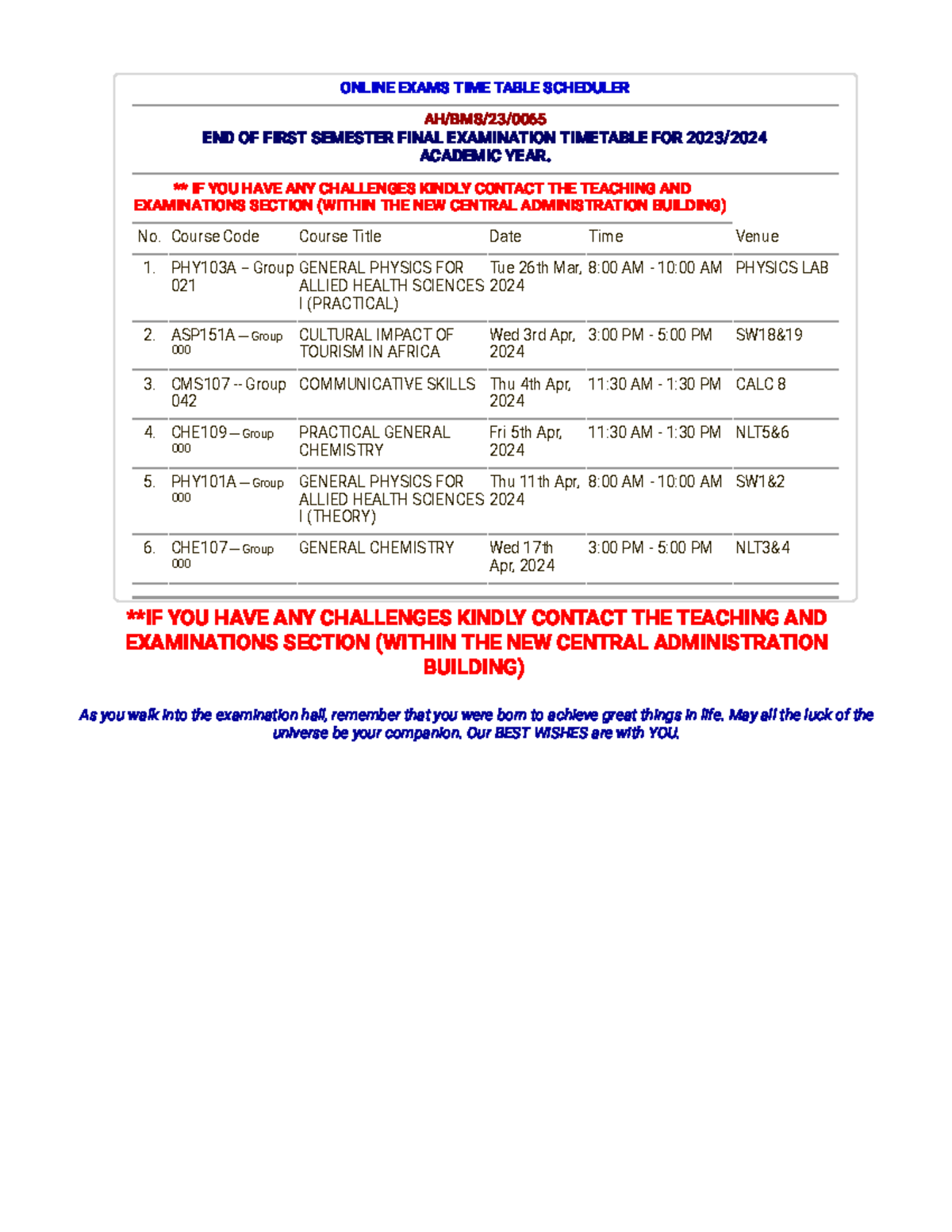 UCC Exams - Level 100 cou - ONLINE EXAMS TIME TABLE SCHEDULER AH/BMS/23 ...