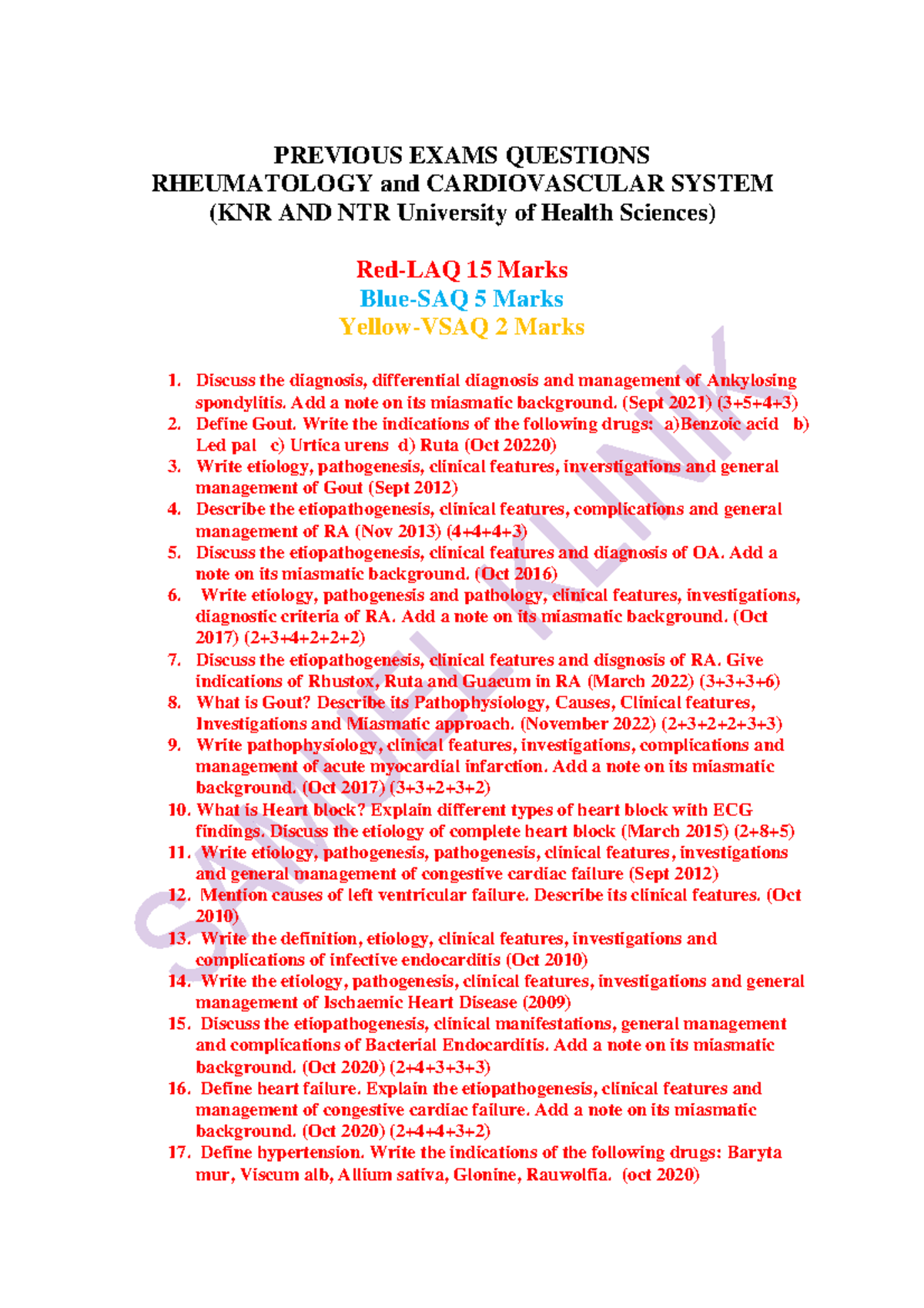 Rheumat and CVS Questios - PREVIOUS EXAMS QUESTIONS RHEUMATOLOGY and ...