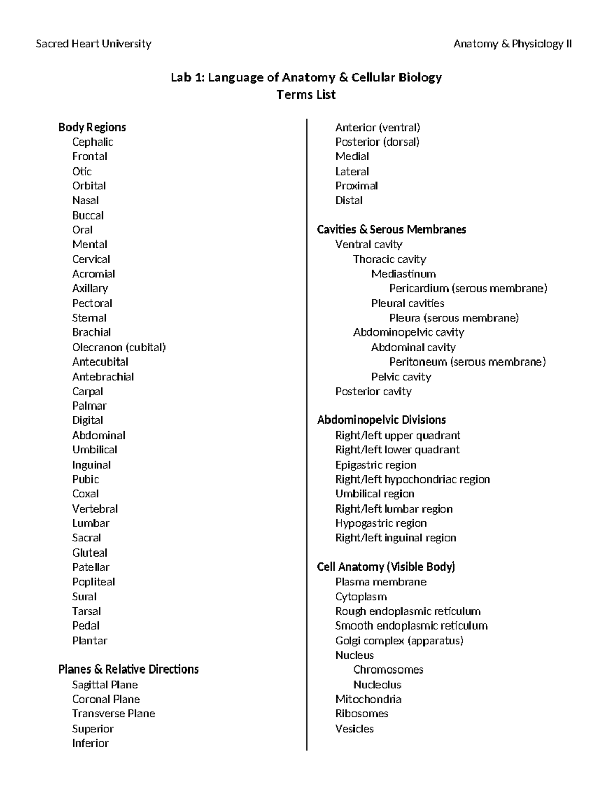 Lab 1 Terms List - Sacred Heart University Anatomy & Physiology II Lab ...