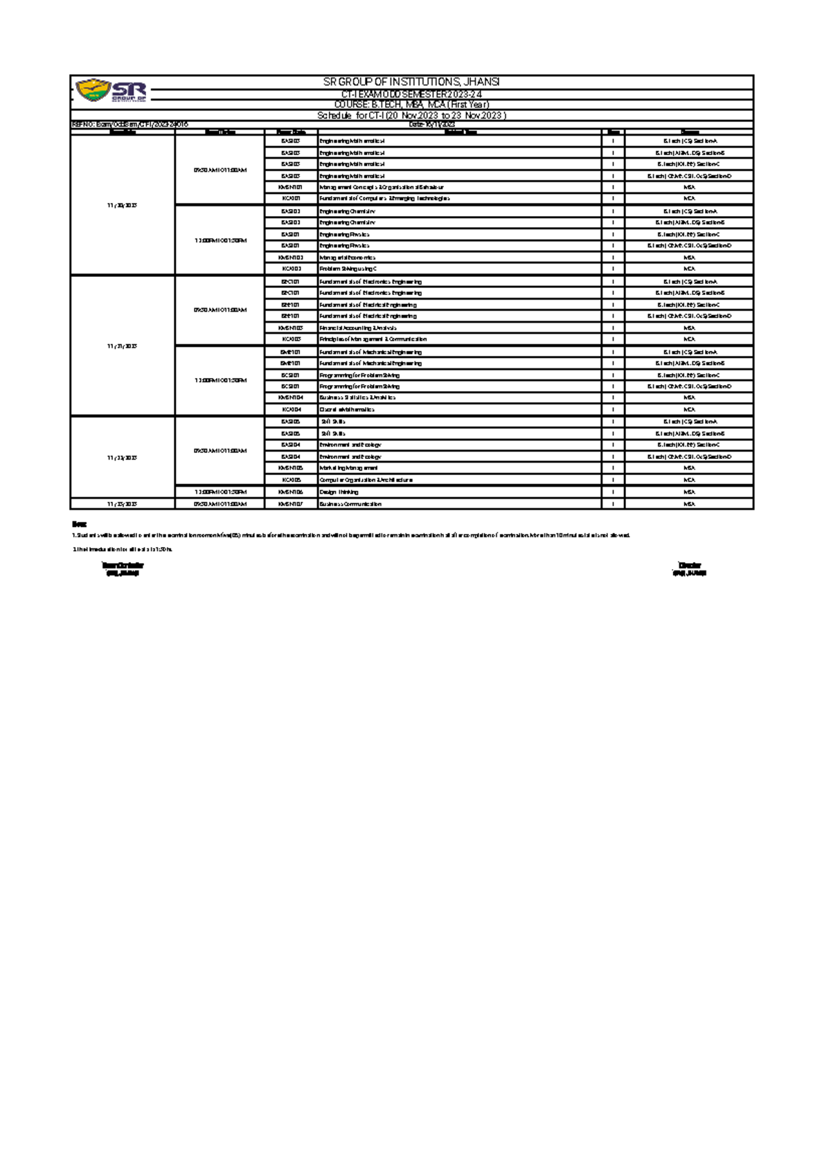 CT-I Exam Schedule Odd Semester 2023-24 B.Tech First Year - SR GROUP OF ...