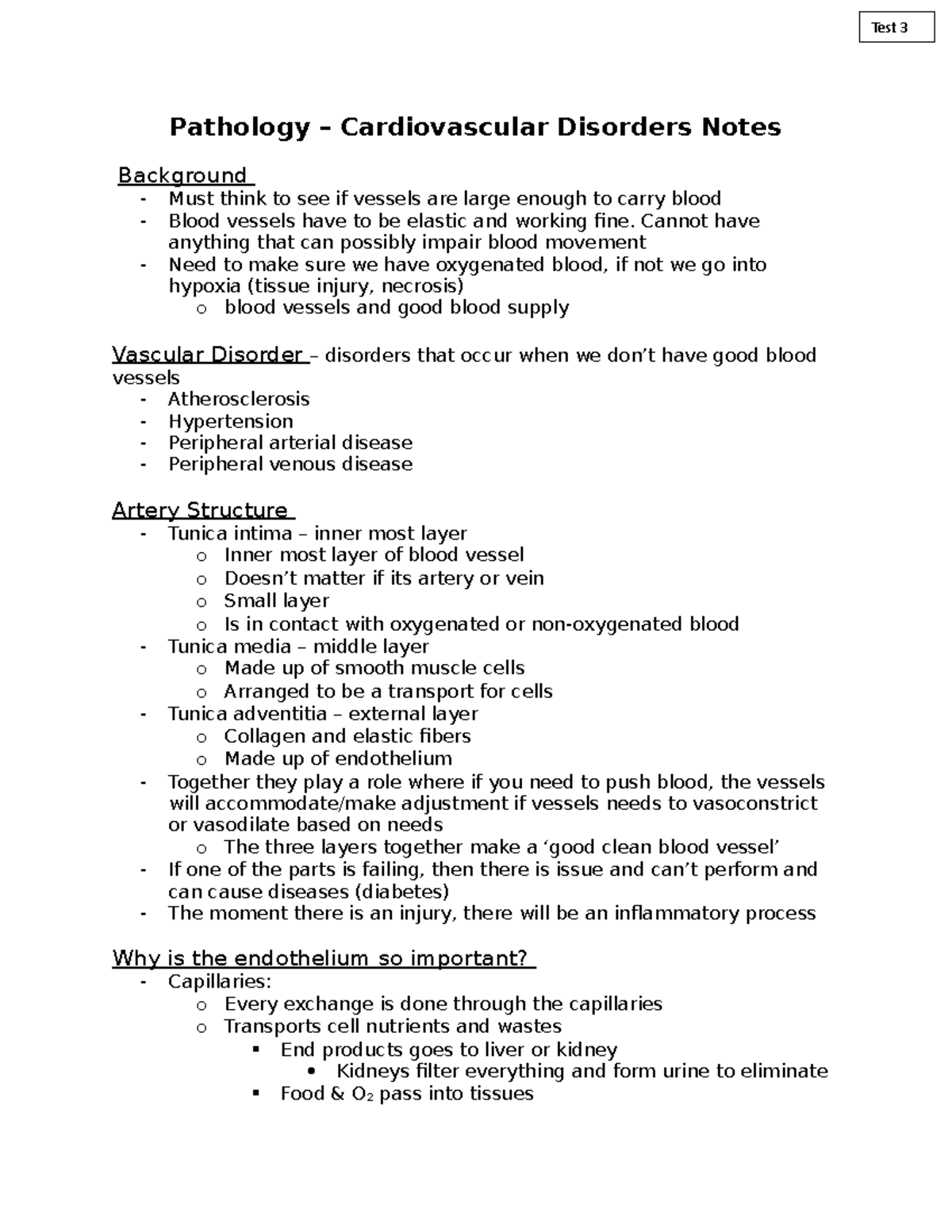 Notes . Test 3 - Cardio Disorder - Pathology – Cardiovascular Disorders ...