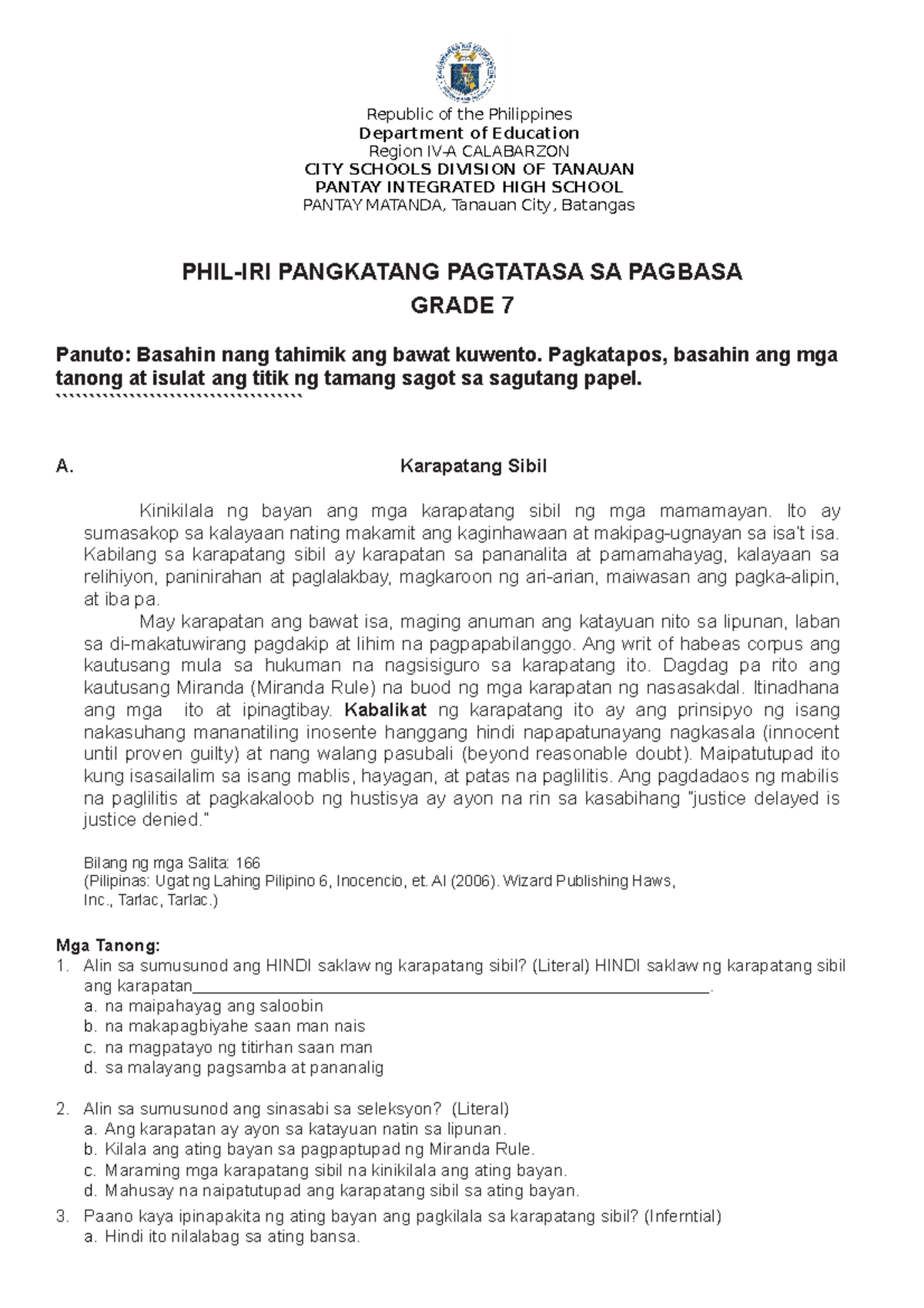 PHIL IRI Screening TEST Questionnaire Filipino - PHIL-IRI PANGKATANG ...