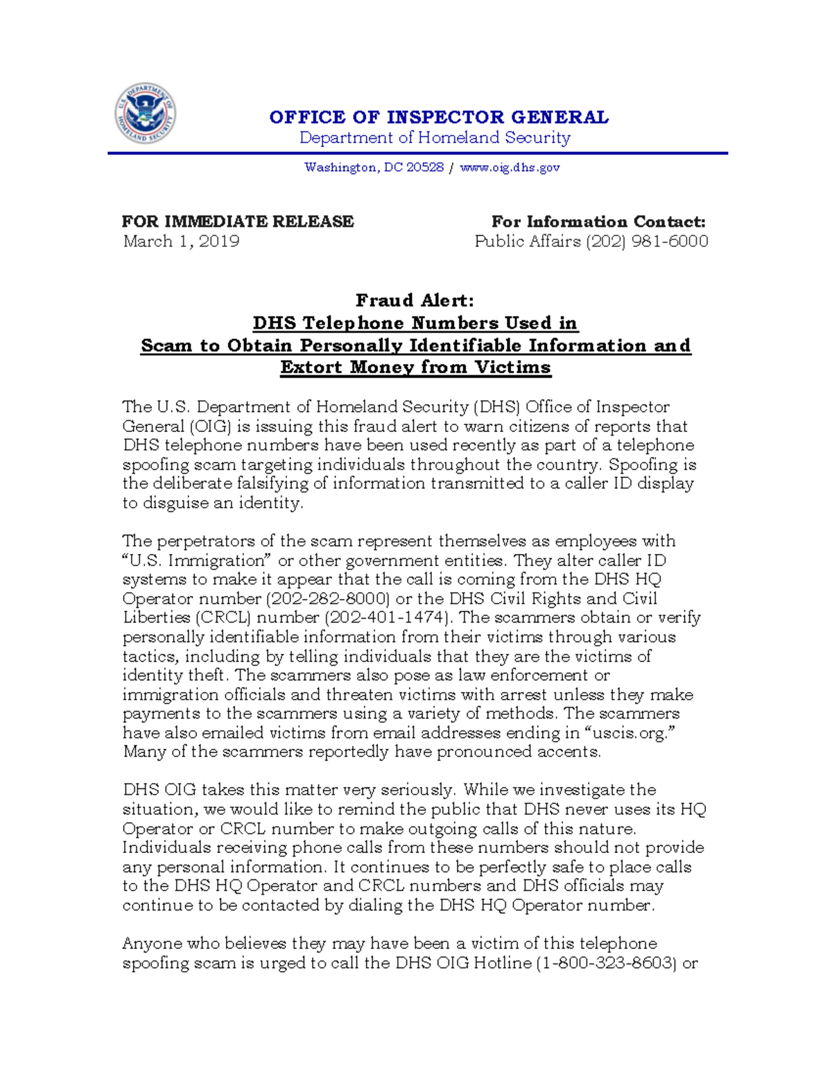 Oigpr 030119 fraud alert dhs telephone numbers used scam obtain ...