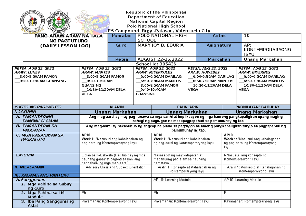 AP10 W1 AUG22-26,2022 - Republic of the Philippines Department of ...