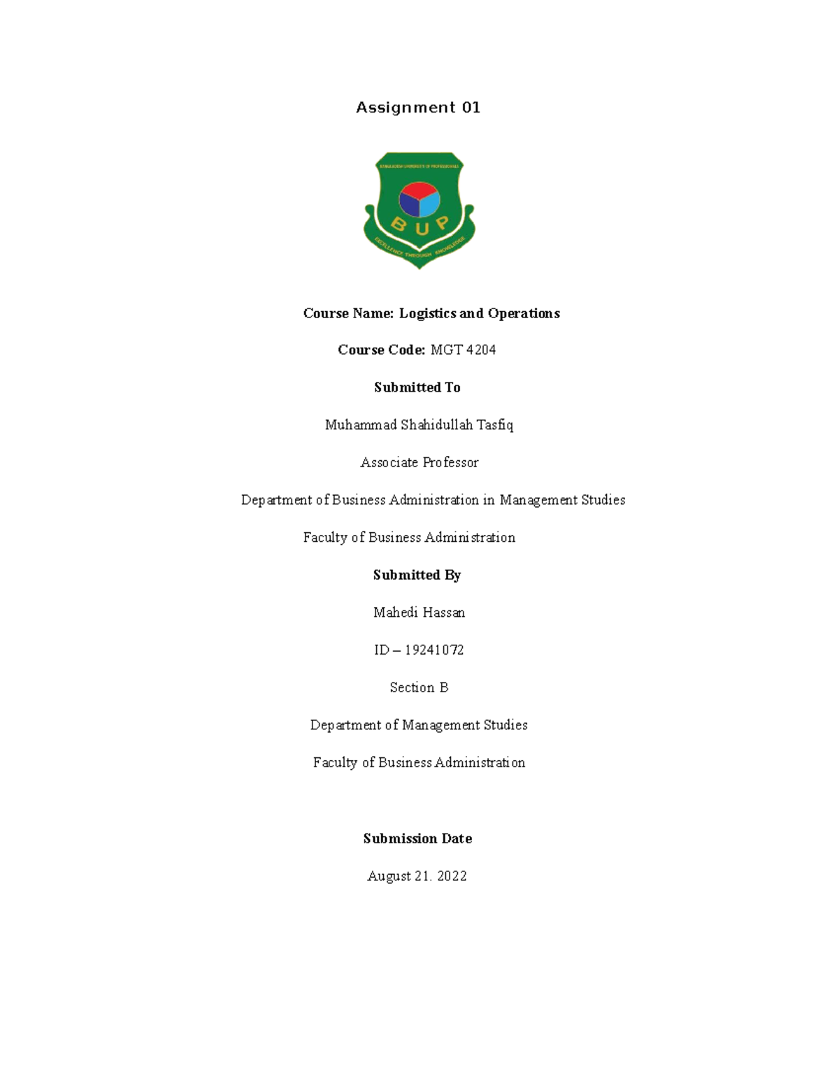 Assignment 1 Supply Stracture - Assignment 01 Course Name: Logistics ...