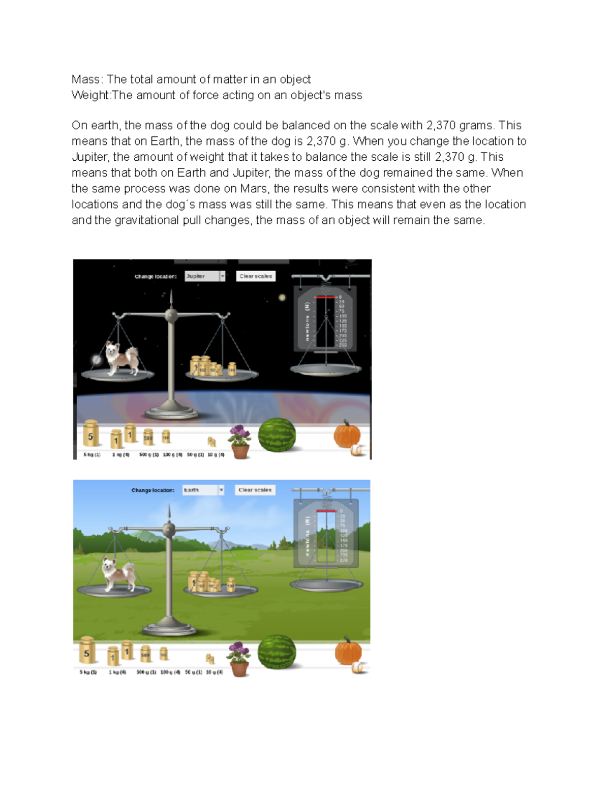 Weight and Mass Gizmos - Lab notes - Mass: The total amount of matter ...