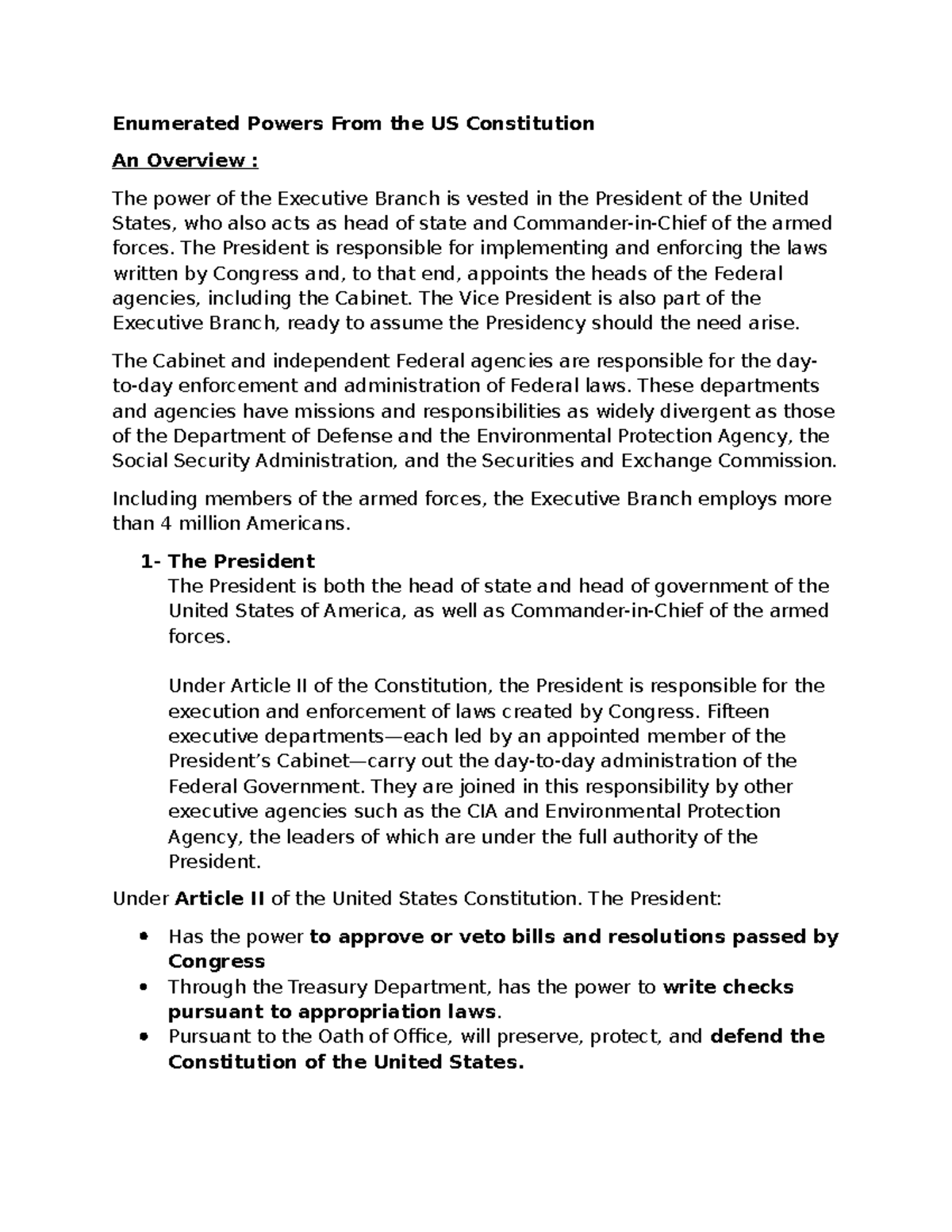 Powers of the American President - Enumerated Powers From the US ...