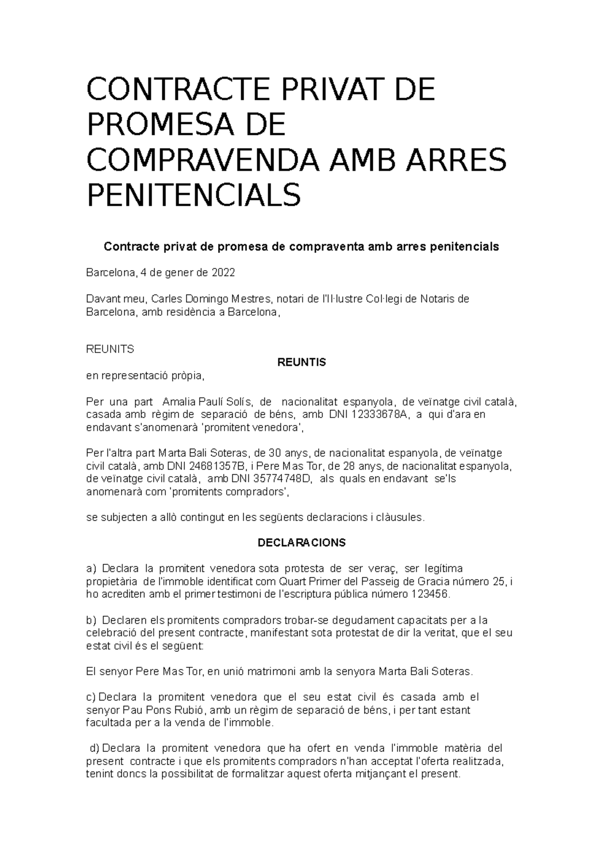 Pràctia 1 Document privat, arres - CONTRACTE PRIVAT DE PROMESA DE ...