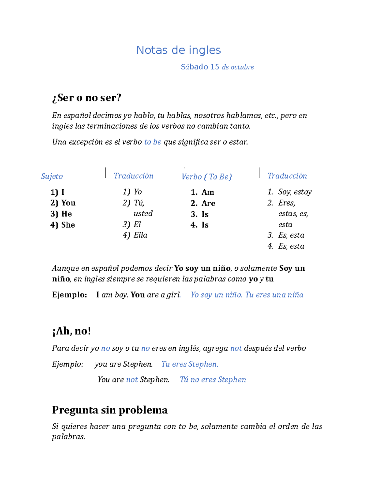 Notas de ingles - Notas de ingles Sábado 15 de octubre ¿Ser o no ser ...
