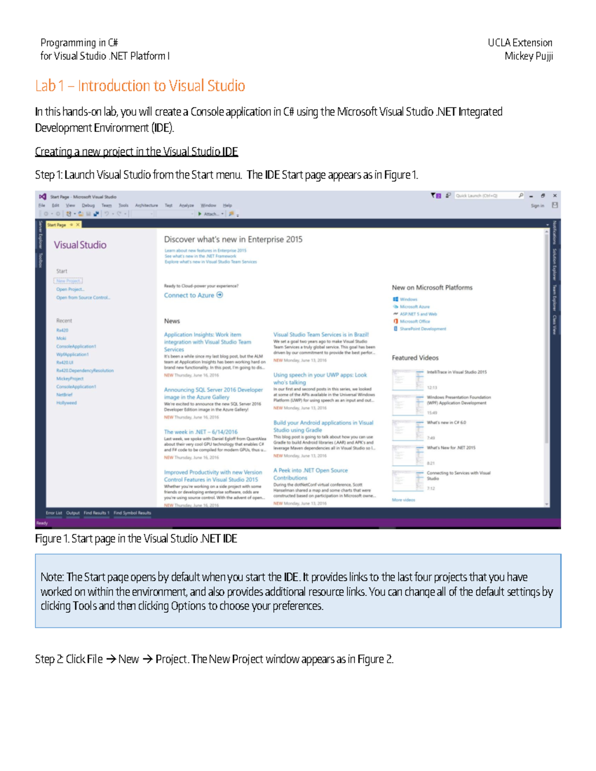 Week1 Labs - Lecture notes 1 - for Visual Studio .NET Platform I Mickey ...