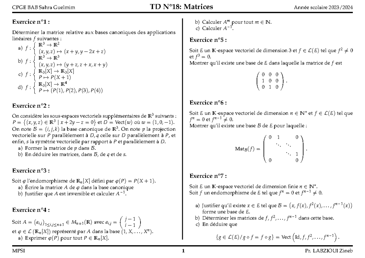 Td Matrices 2 - goodpdf - Exercice n°1 : Déterminer la matrice relative aux bases canoniques des ...