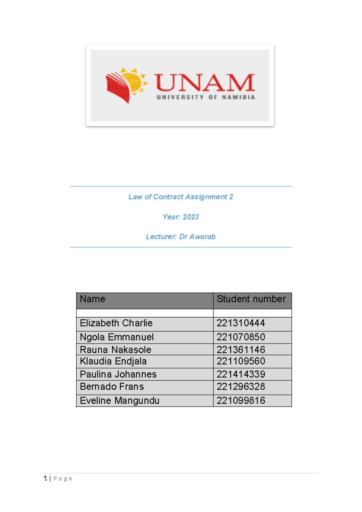 Law of Contract assignment and presentation Nas 100 - Lecturer: Dr Awarab 2. - Studocu