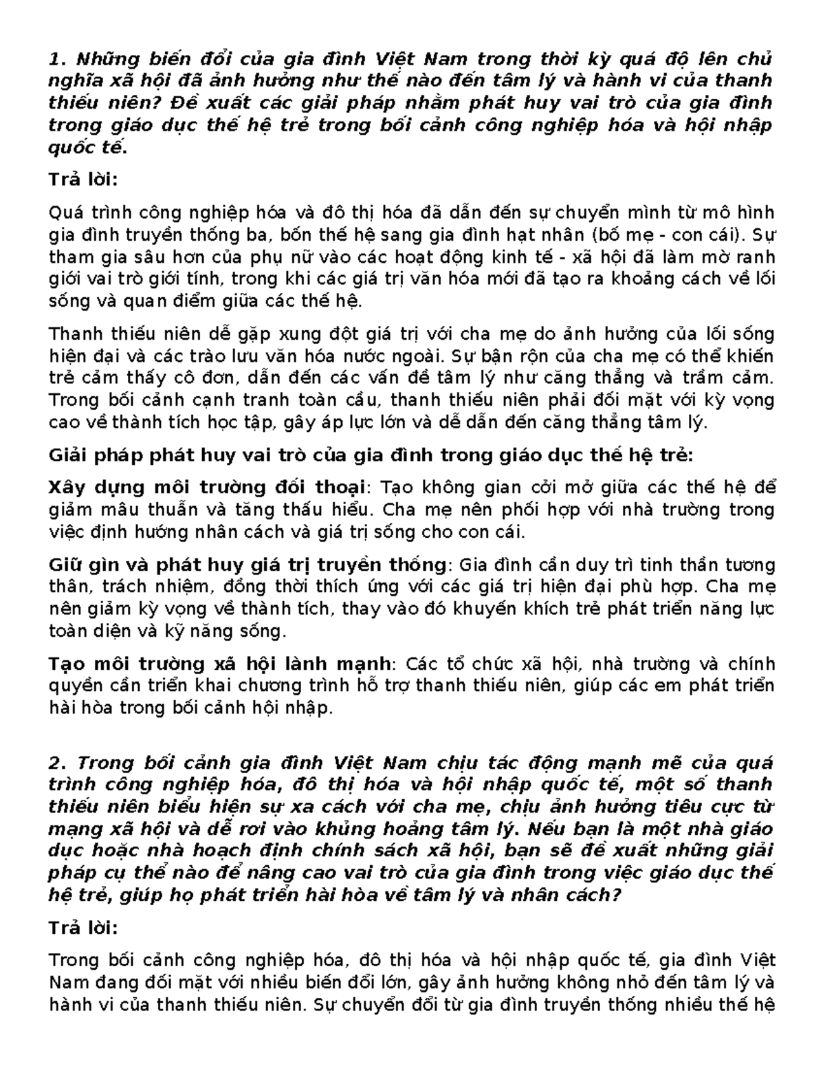 10 câu hỏi C7 - 10 câu hỏi C7 - Những biến đổi của gia đình Việt Nam trong thời kỳ quá độ lên ...