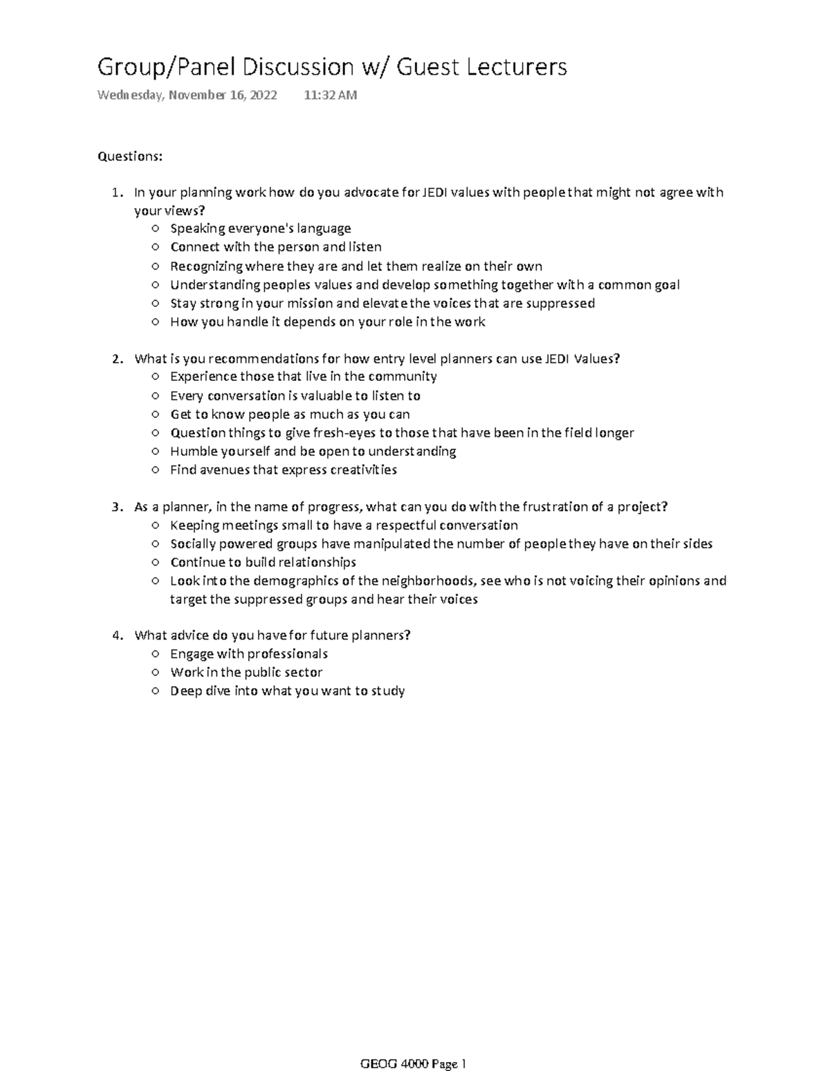 Group Panel Discussion w Guest Lecturers - Questions: In your planning ...