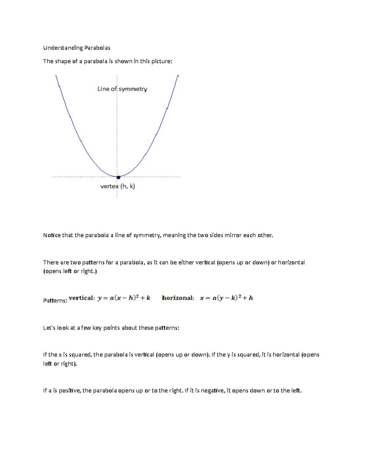 Understanding Parabolas - There are two patterns for a parabola, as it ...